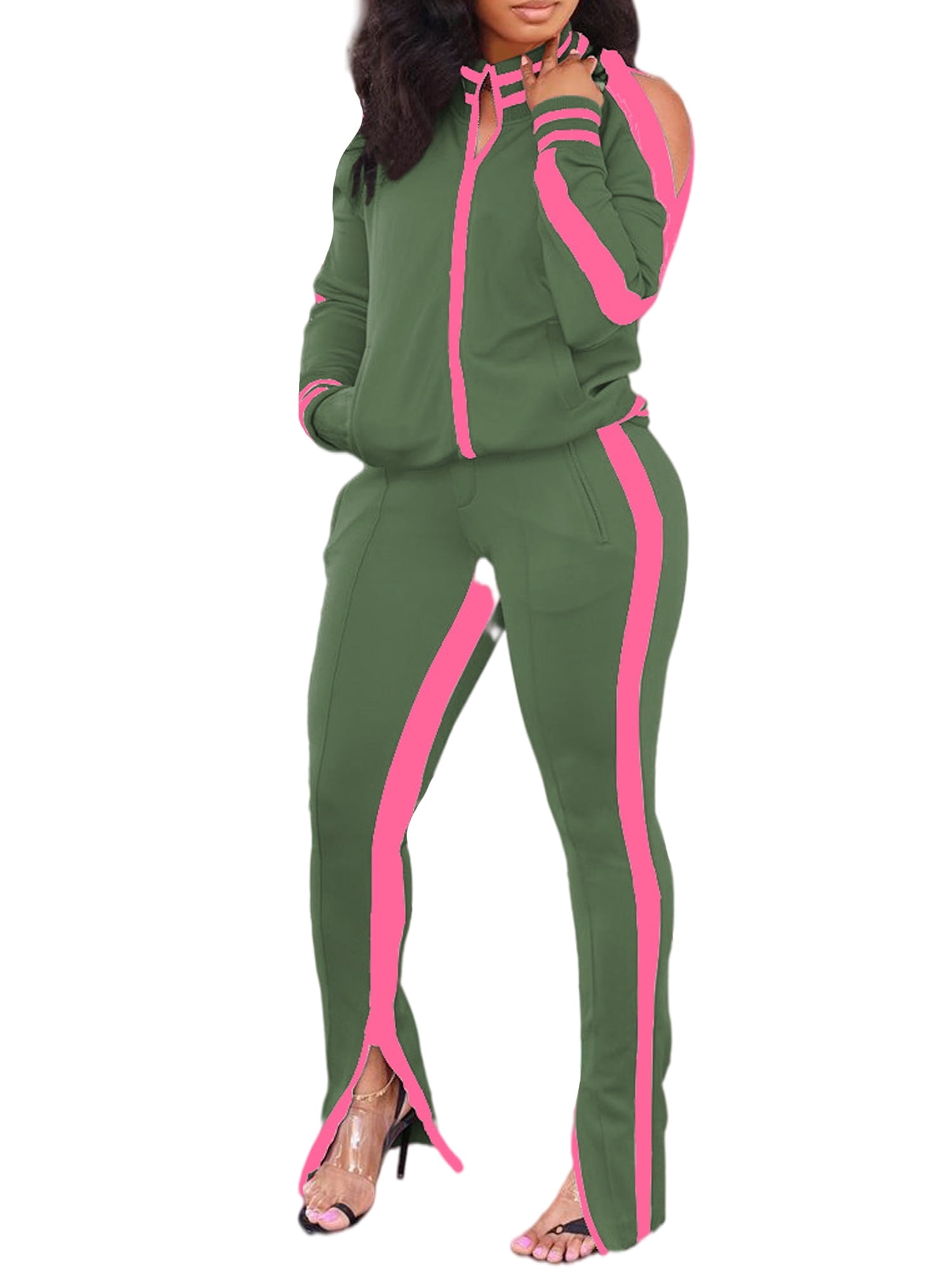 Glonme Ladies Two Piece Outfit Pockets Tracksuit Set Striped Sweatsuits ...
