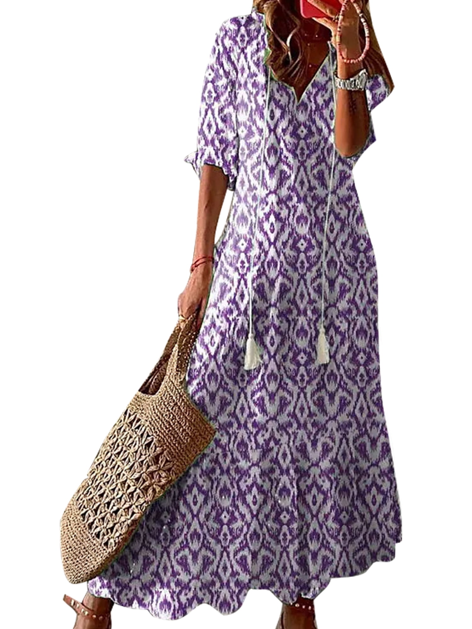 Glonme V Neck Long Dress for Women Loose Travel Summer Beach Sundress ...