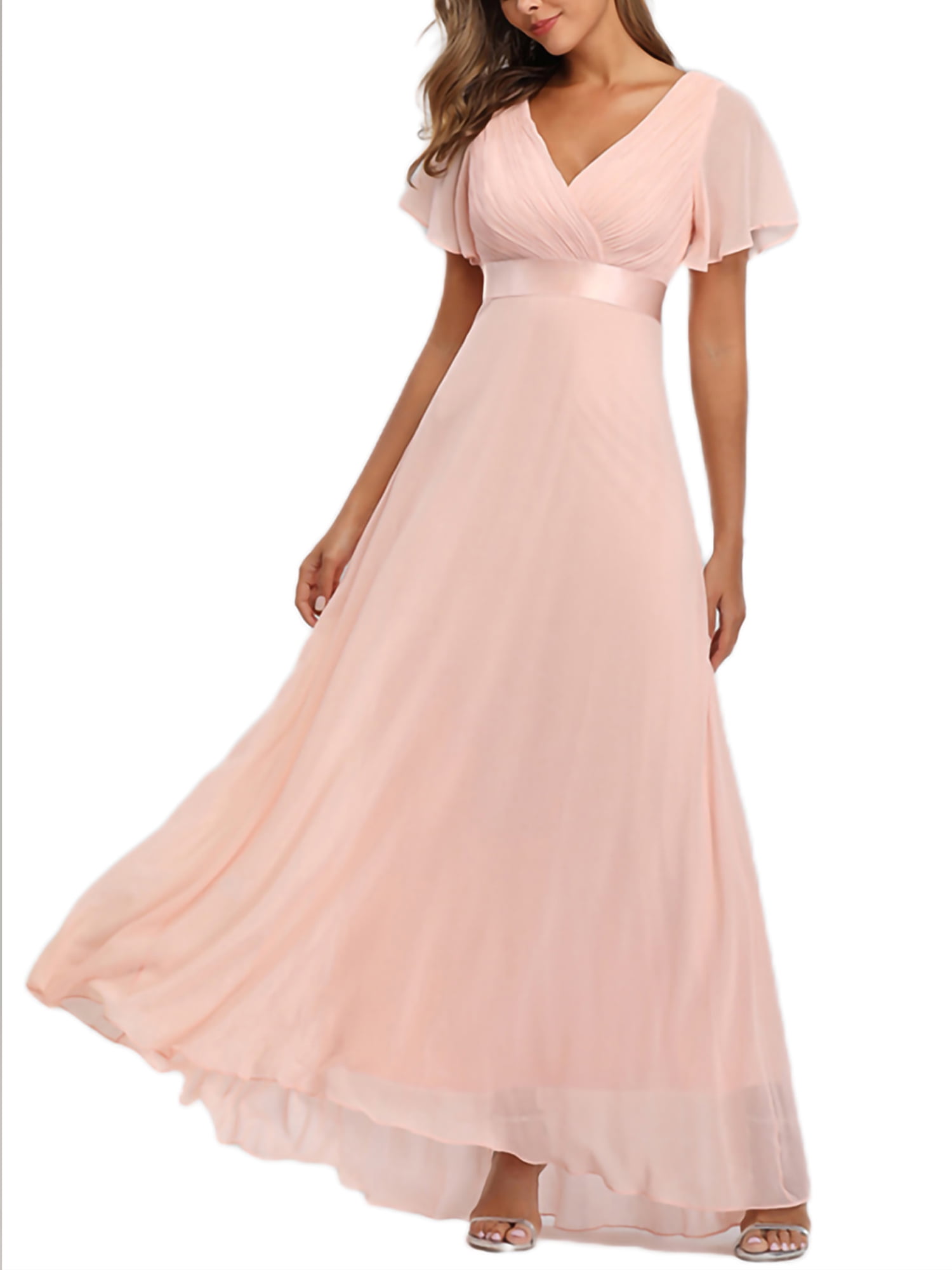 Glonme Women Maxi Dresses V Neck Chiffon Long Dress Solid Color Ball