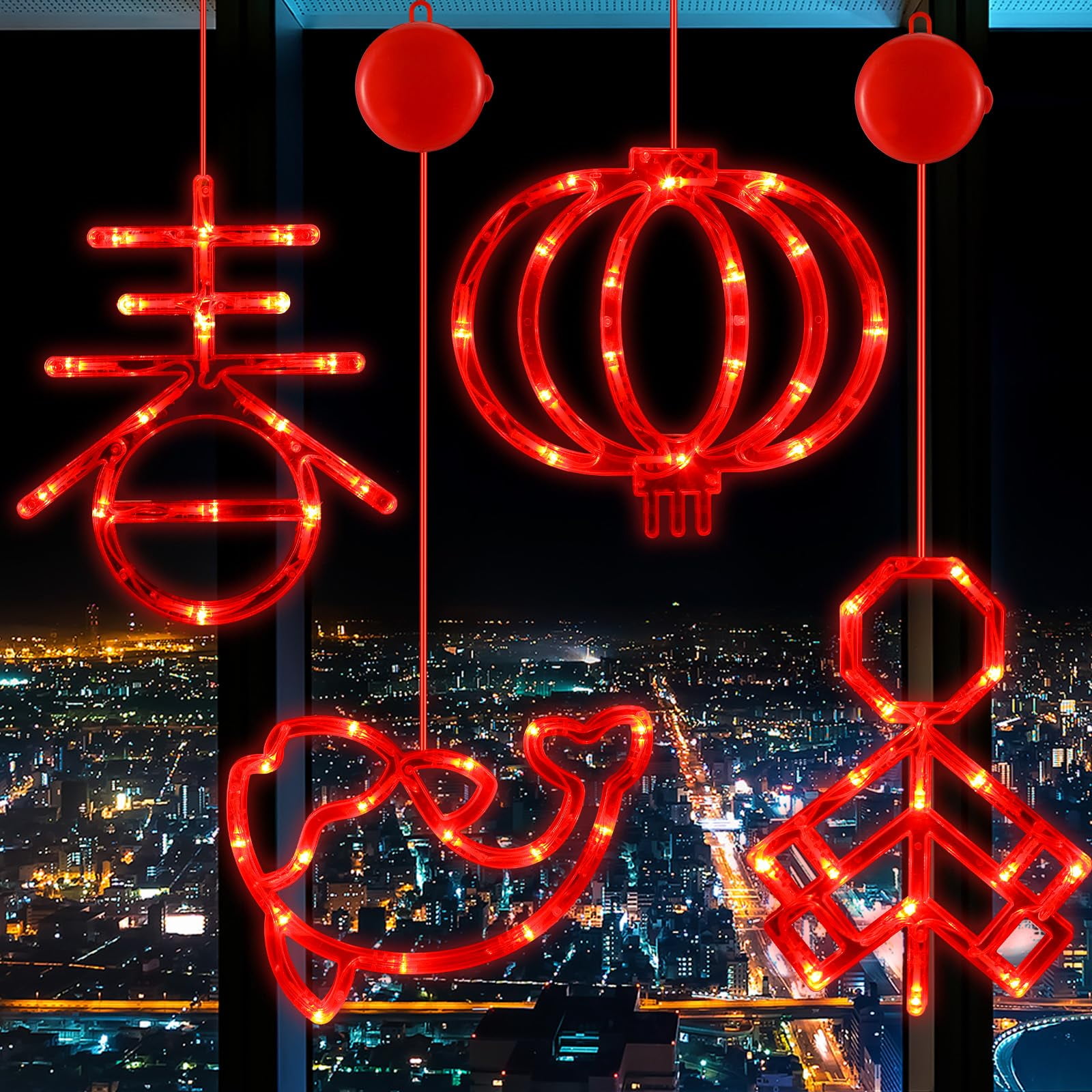 Glooglitter 4 Pcs LED Lunar New Year Lights Decoration Chinese Window ...