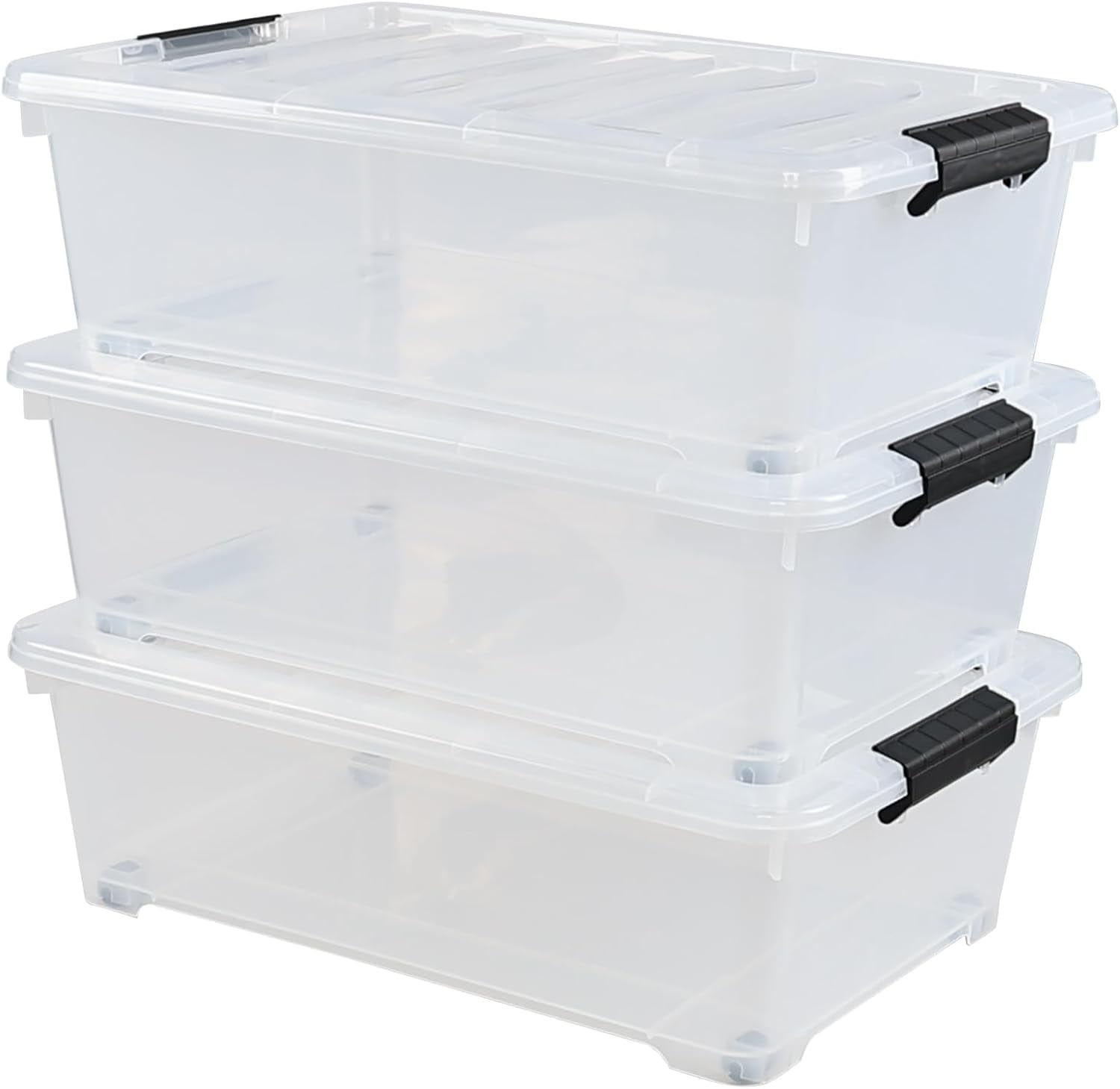 Gloreen 20 Quart Lidded Storage Bins with Wheels, Clear Plastic Under Bed Storage Boxes, 3 Pack ...