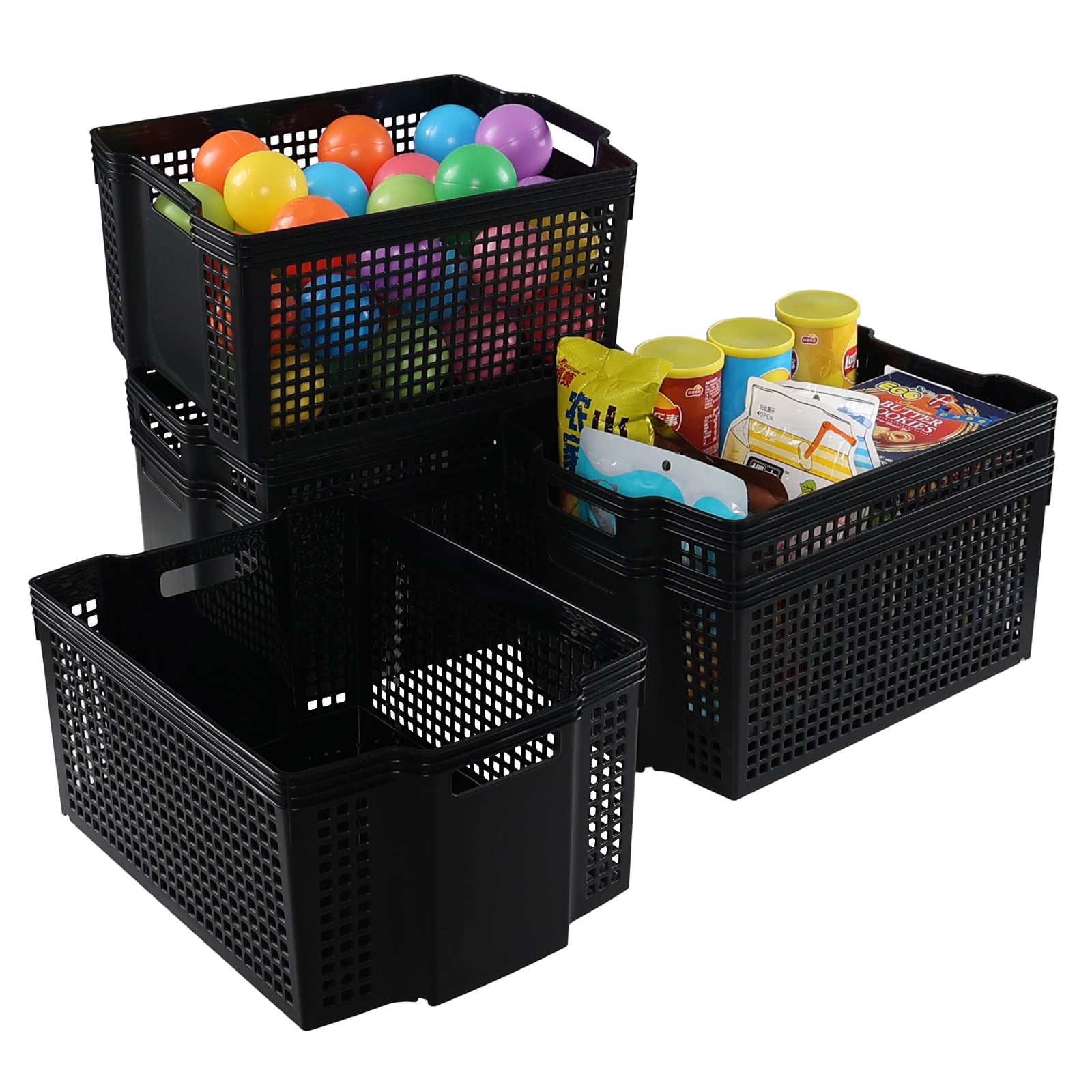 Gloreen 6 Pack Large Plastic Basket for Organizing, Black Stackable ...
