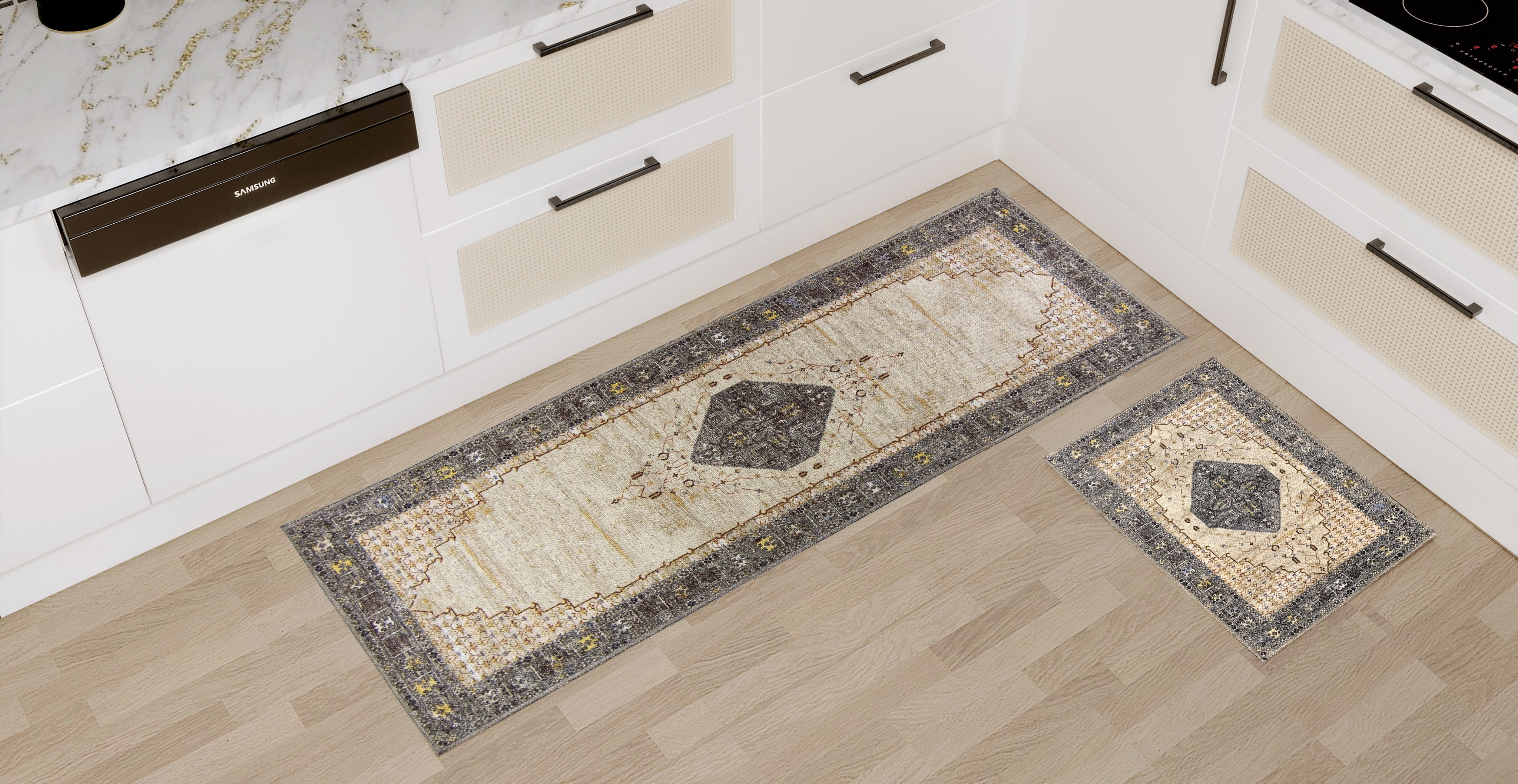 Gloria - 2 Piece 22"x59" Washable Runner & 20"x30" Door mat Kitchen Set Medallion Washable Rug ...