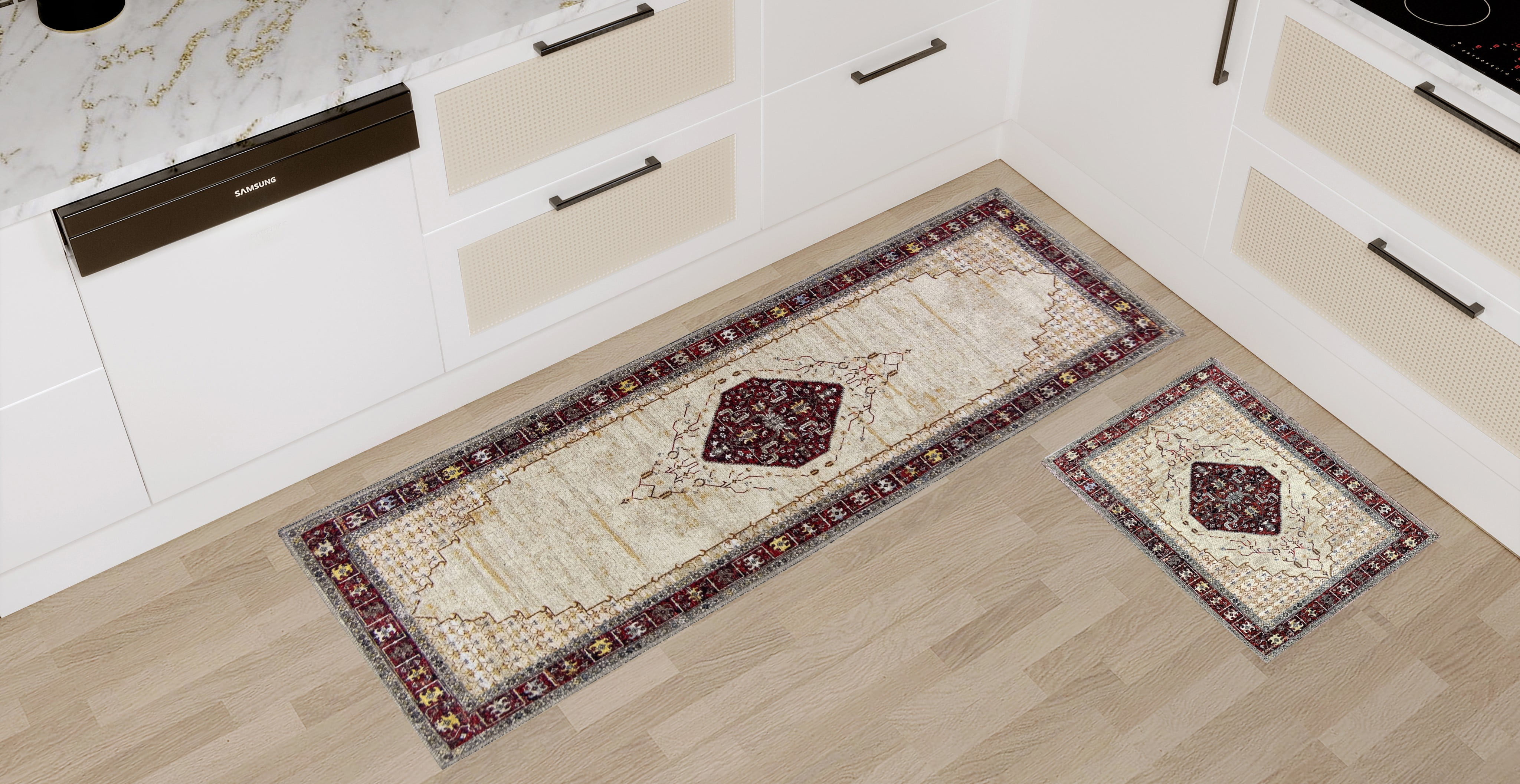 Gloria - 2 Piece 22"x59" Washable Runner & 20"x30" Door mat Kitchen Set ...