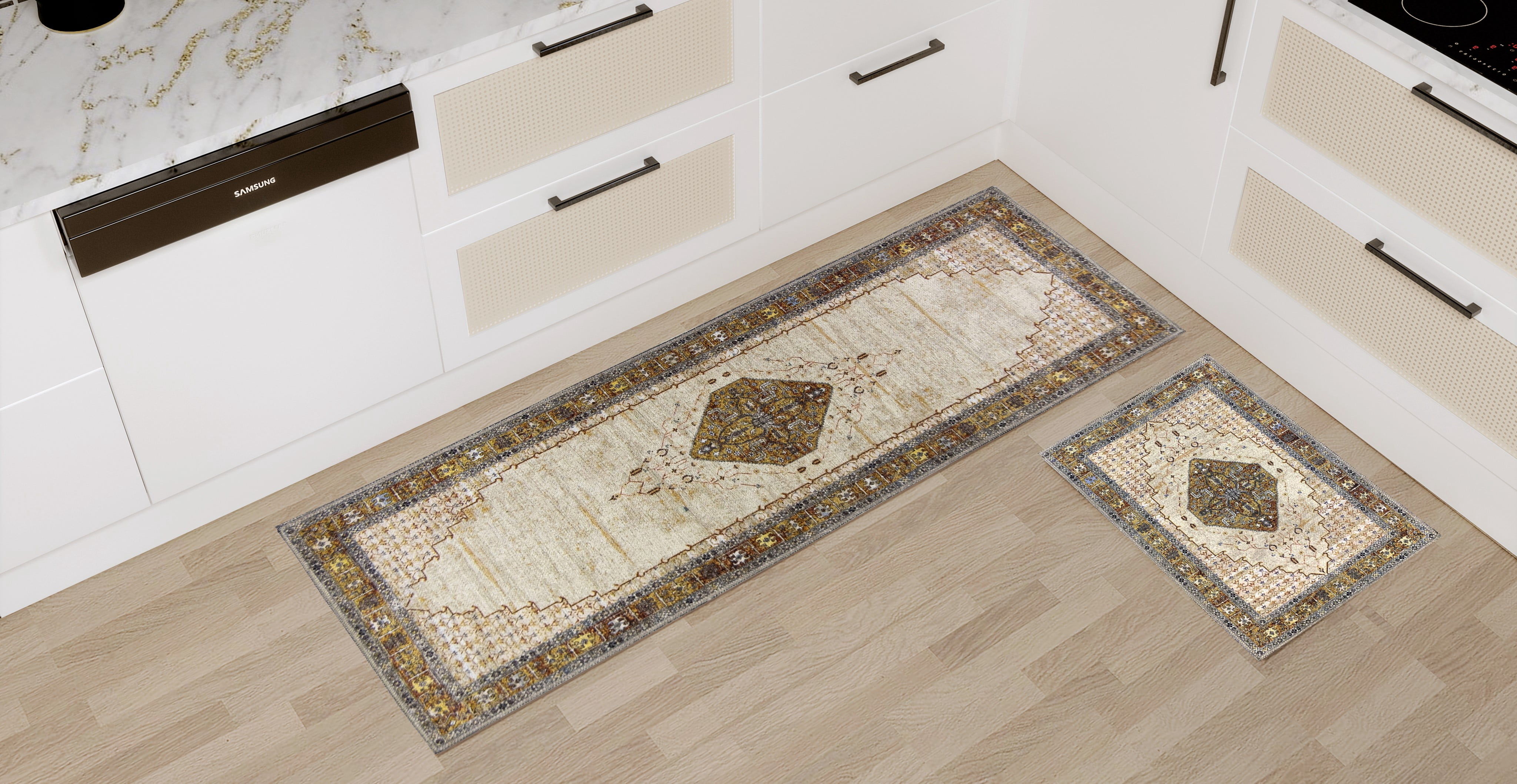 Gloria - 2 Piece 22"x59" Washable Runner & 20"x30" Door mat Kitchen Set ...