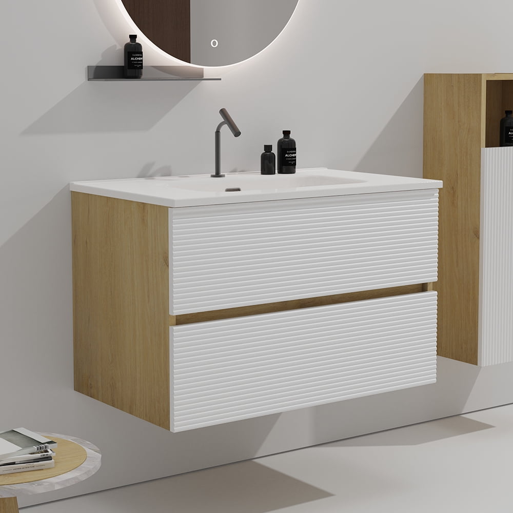 Gloria 30" Wall Mounted Snow White Matt & Natural Oak Bathroom Vanity ...