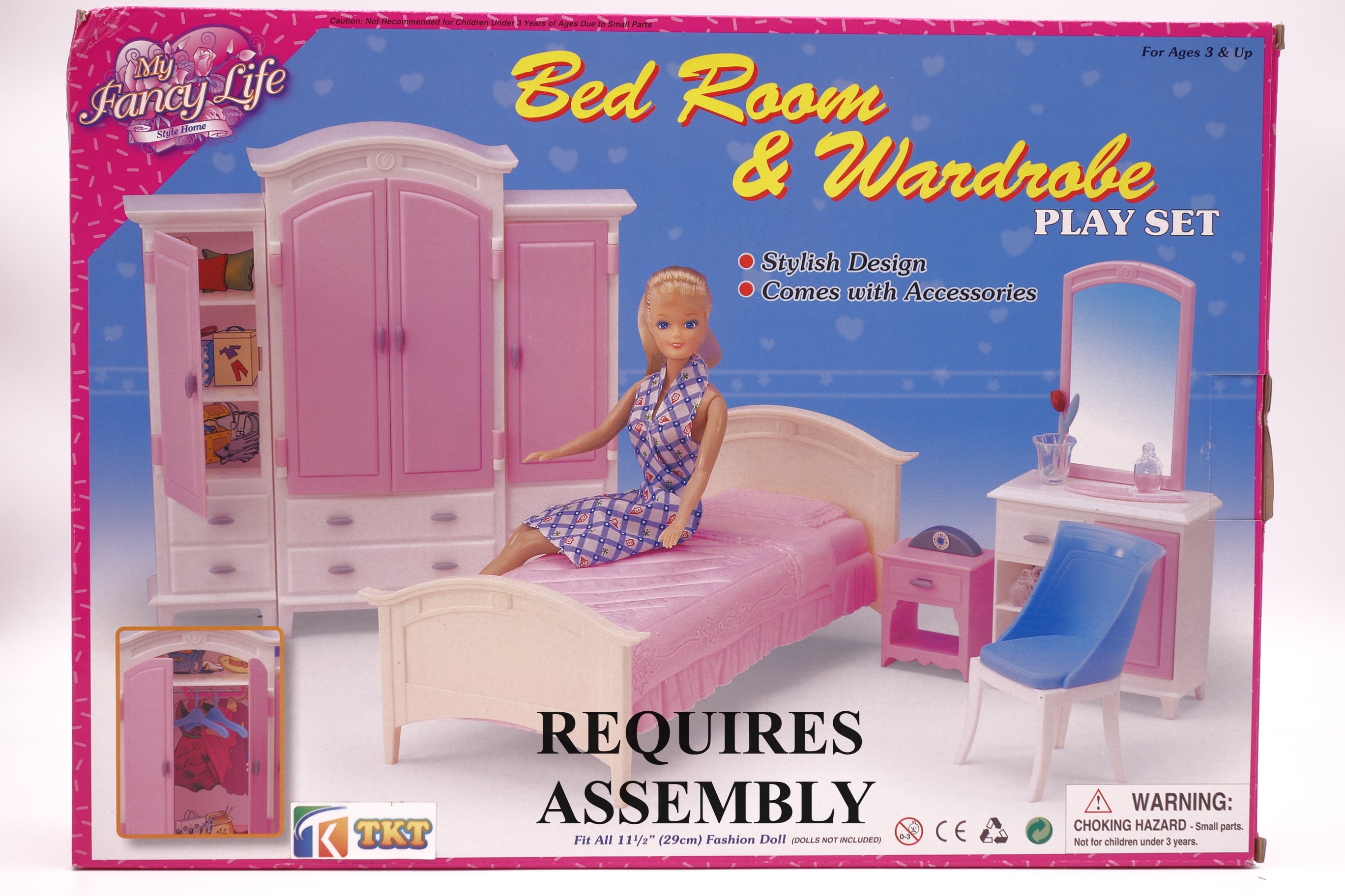Gloria Dollhouse Furniture Set: Bed & Wardrobe for Barbie Play Toy - Walmart.com