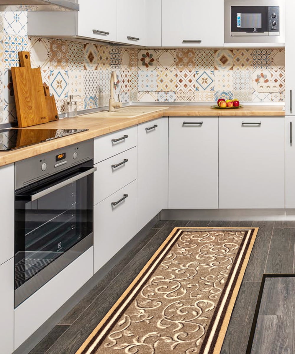 "Gloria Non Slip Rubber Back Floral-Beige Kitchen Runner Mat (23""x84 ...