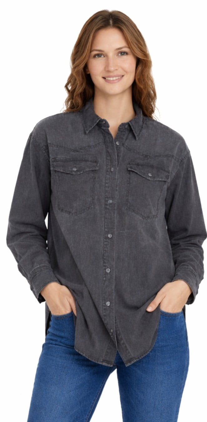 Gloria Vanderbilt Woman's Charcoal Button-Up Shirt - Color Gray - Size ...