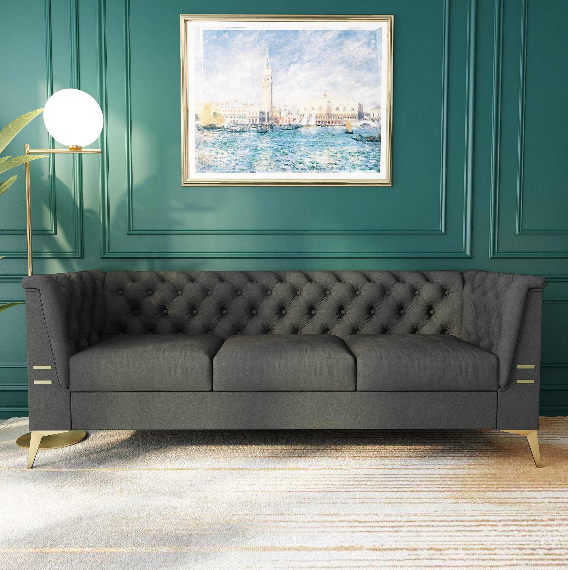 Glorious 82.68'' Velvet Sofa Gold Foot for Living Room, Dark Gray ...