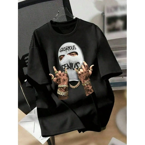 Glorious Mask Graphic Tee Tattoo Hands Gold Chain Rings Urban Street ...