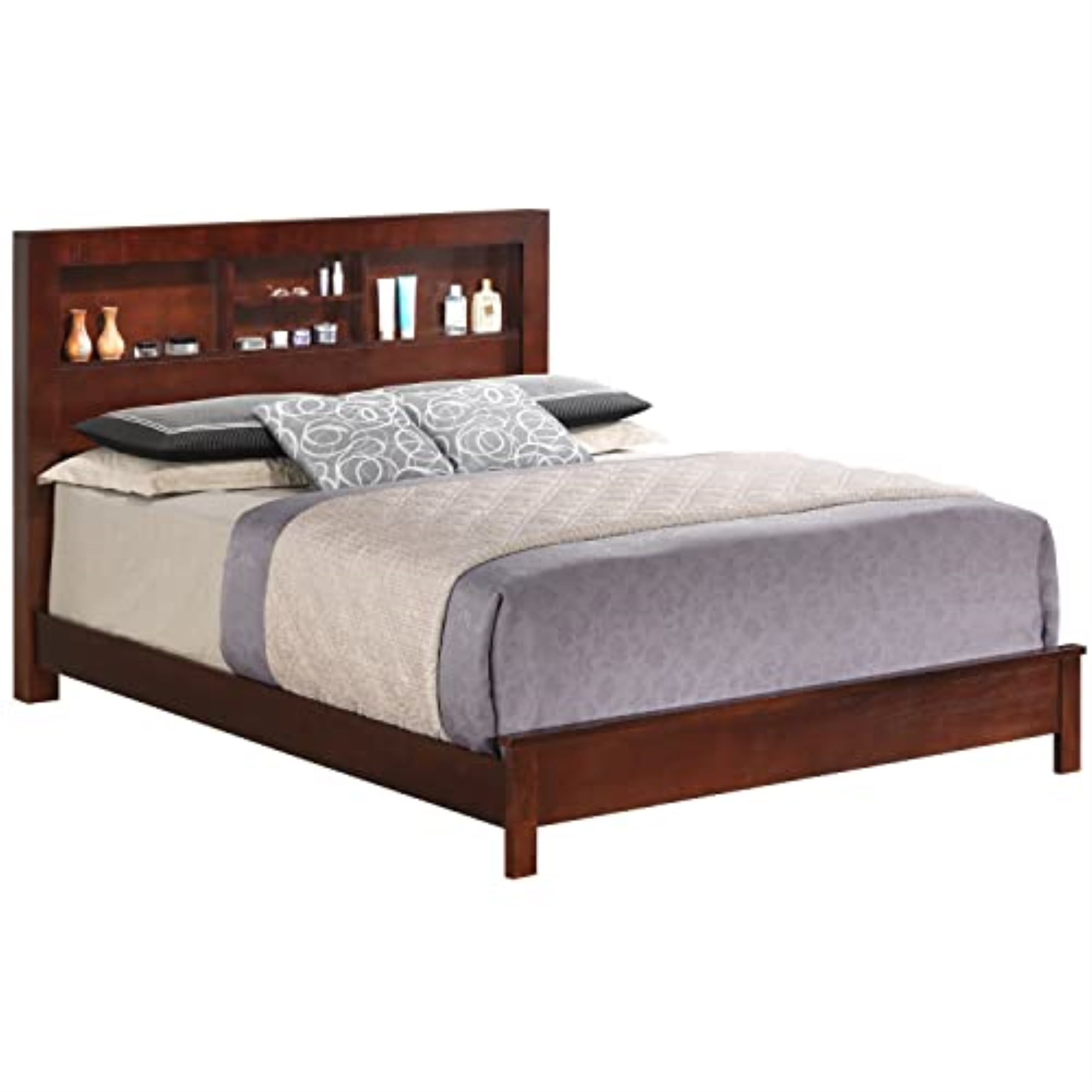 Glory Furniture Burlington Queen Size Traditional Wood Panel Beds with Storage Shelves Cherry