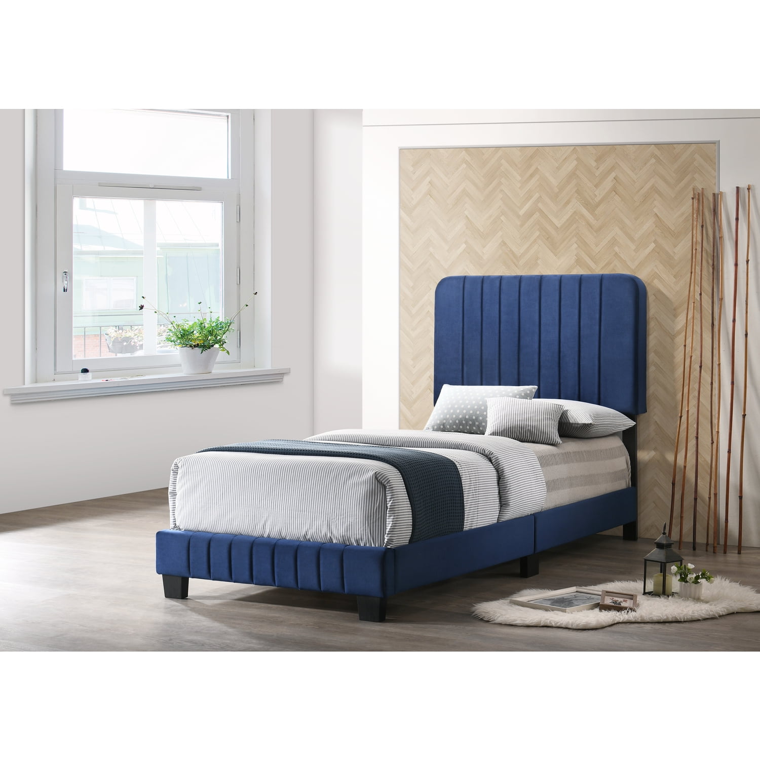 Glory Furniture Lodi Tufted Velvet Twin Bed Frame in Navy Blue Size ...
