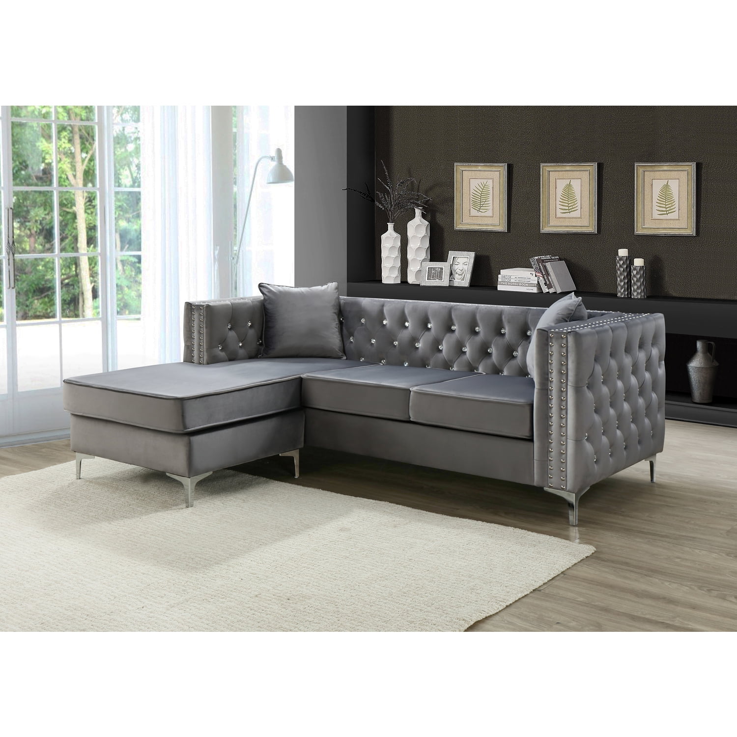 Glory Furniture Paige Velvet Sofa Chaise, Gray, Chrome Legs, Tufted ...
