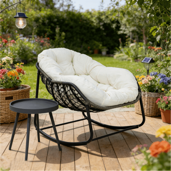 Glory Patio Modern Papasan Rocking Chair with Side Table Set, Thick ...