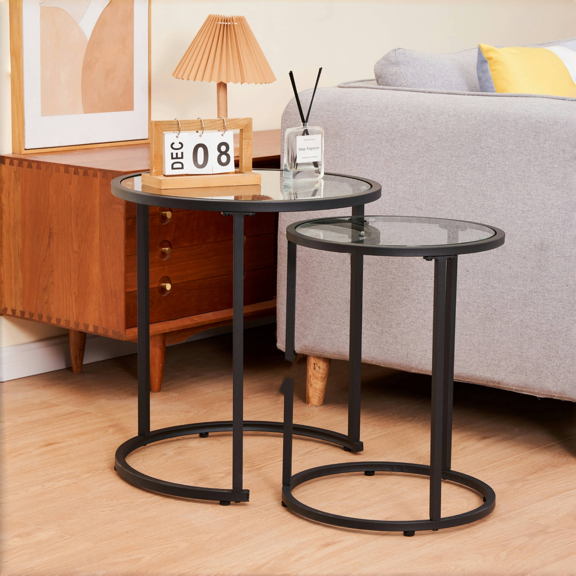 Glory Patio Nesting Coffee Glass Tables Set of 2, Round Coffee Table ...