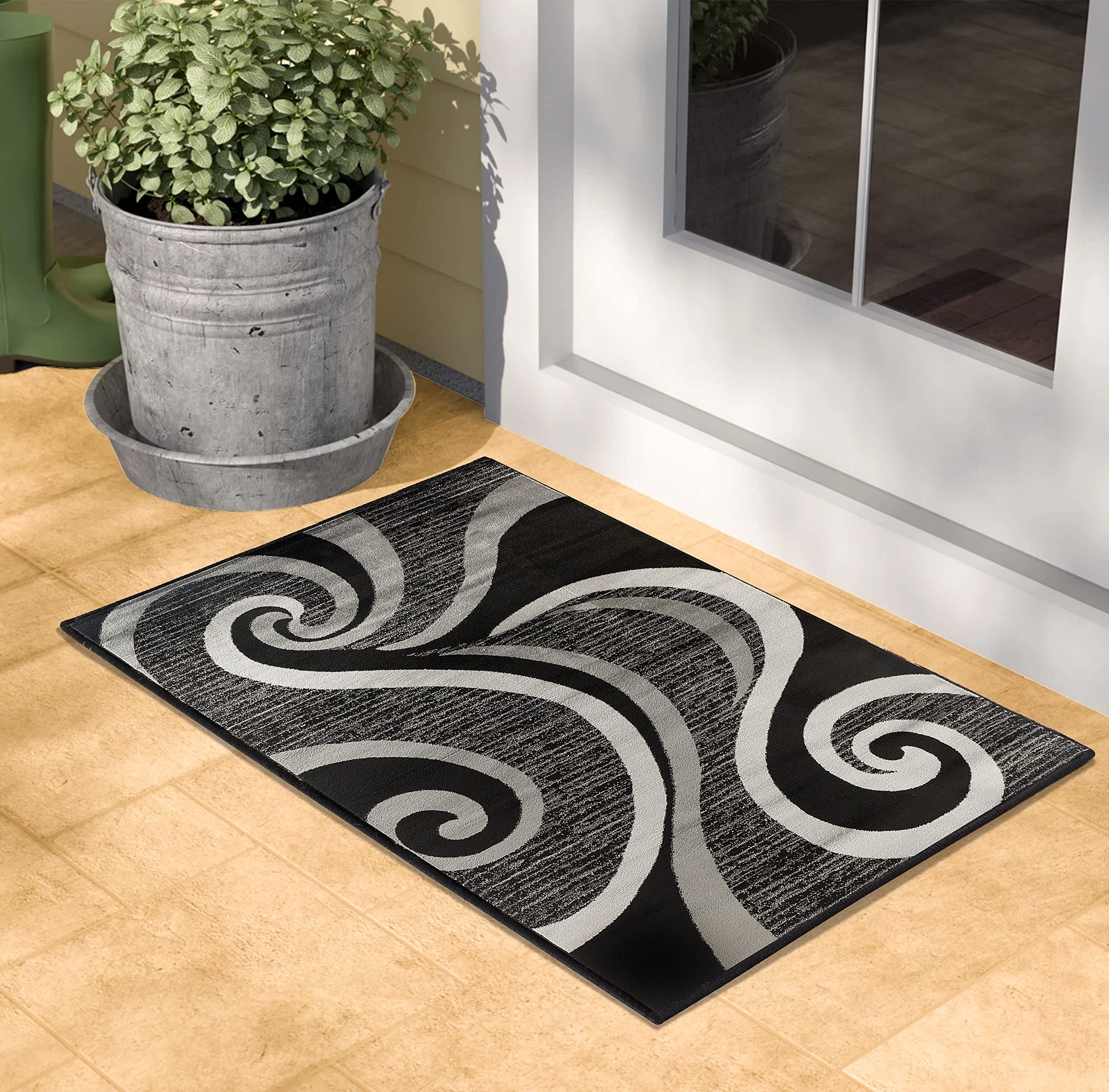 Glory Rugs Area Rug 2x3 Black Grey Door Mat Modern Swirls Carpet ...