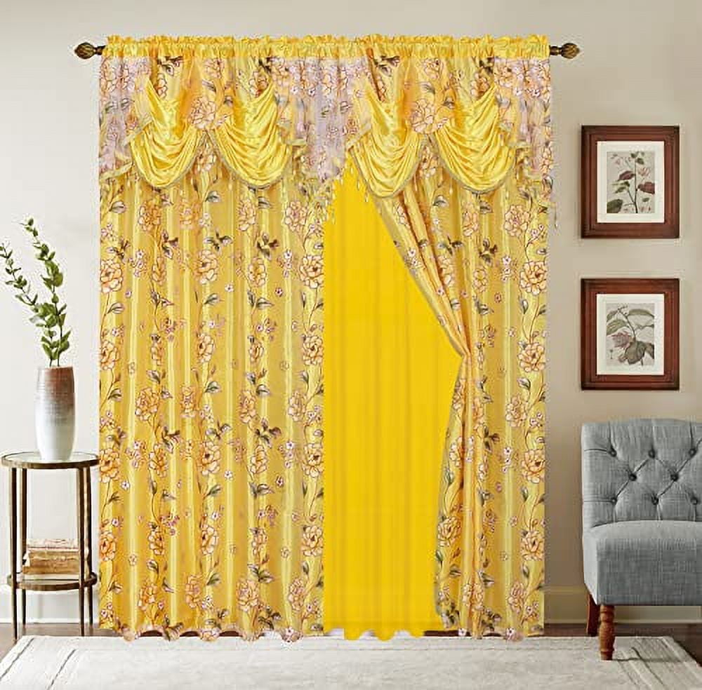 Glory Rugs Luxury Floral Curtain Panel Set with Attached Valance, Sheer ...