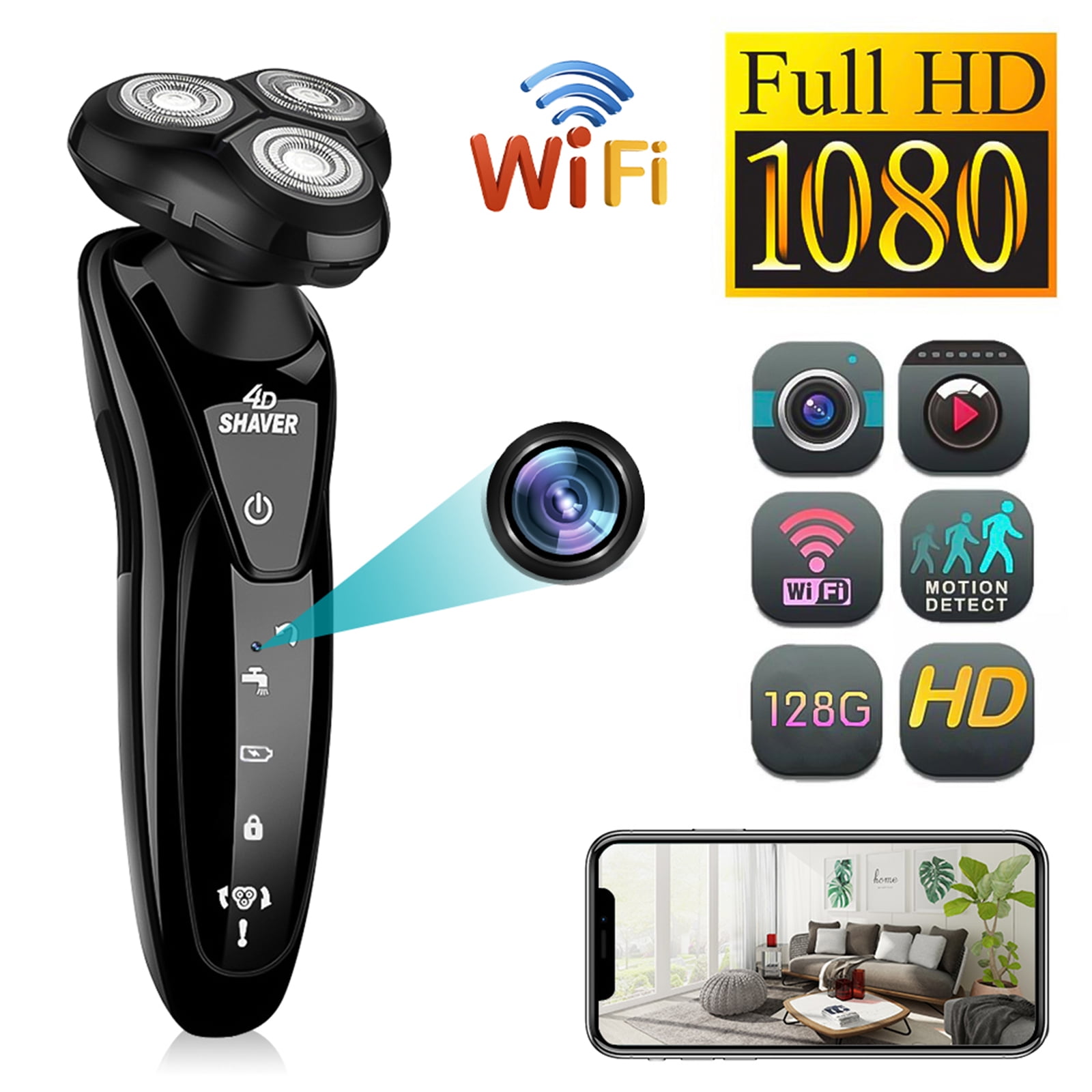 GlorySunshine 1080p HD Mini Camera Shaver with 64GB Memory Card, Wifi ...