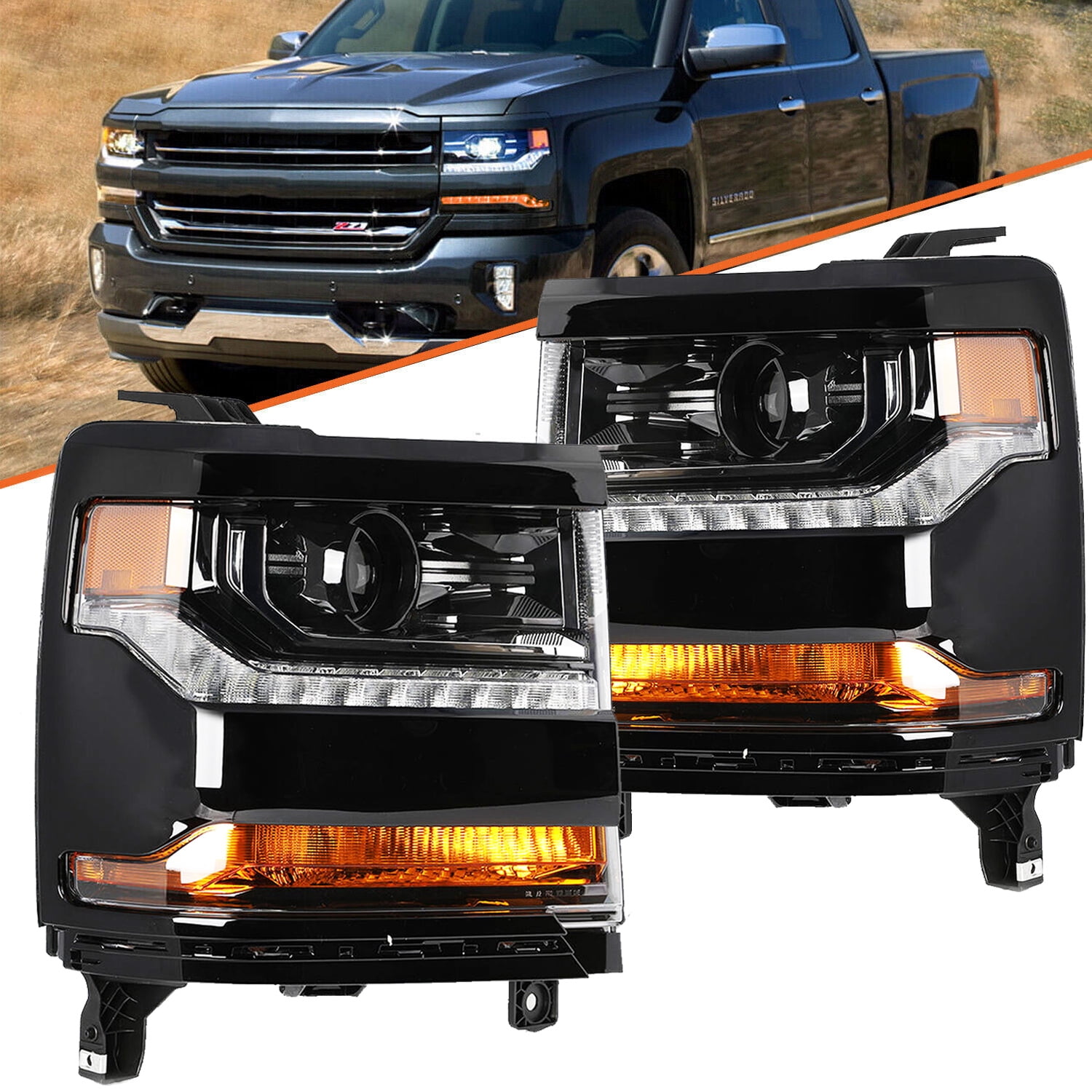 【Gloss Black 】For 2016-2019 Chevy Silverado 1500 HID/Xenon Headlights w ...