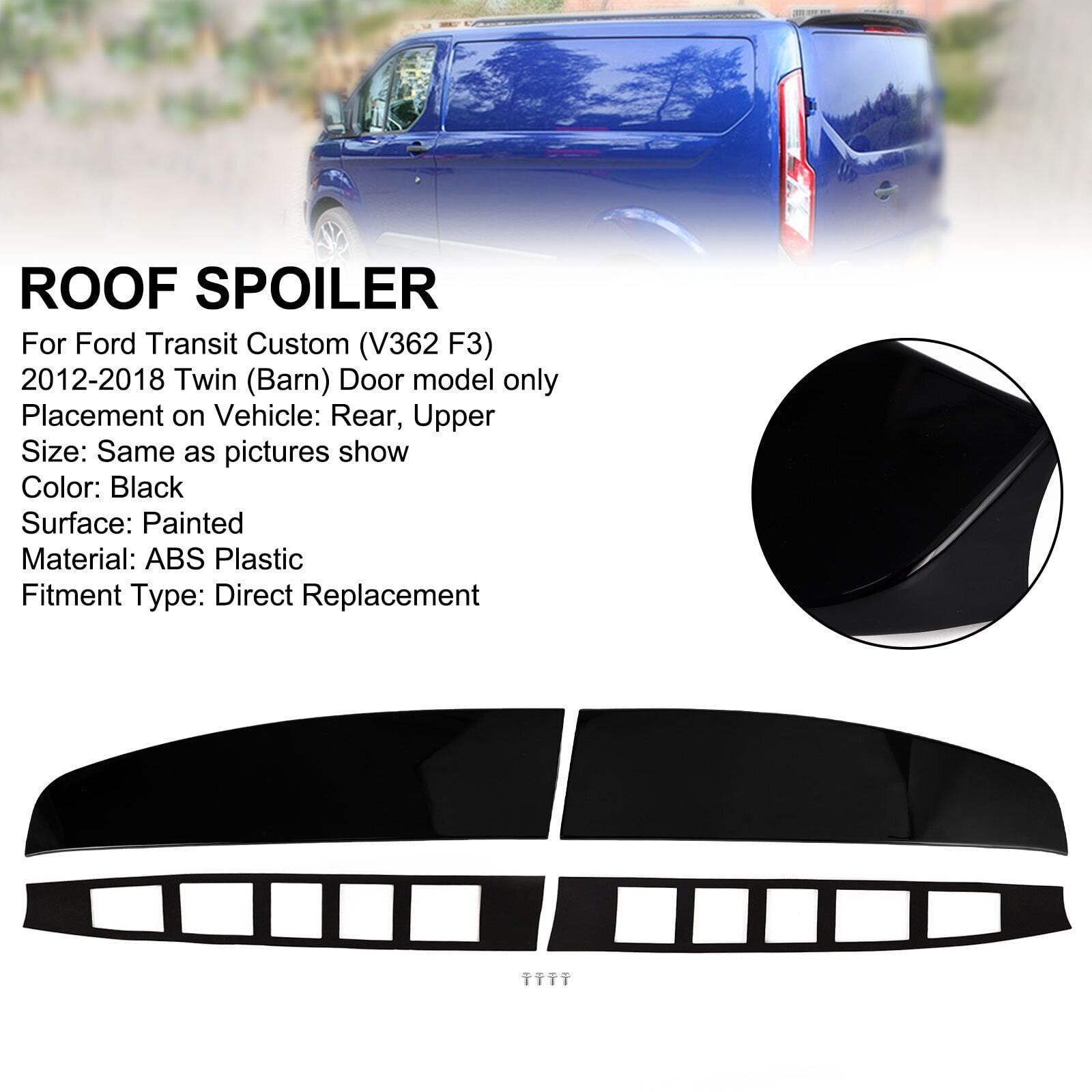 Gloss Black Rear Twin Barn Door Roof Spoiler Fit Ford Transit Custom ...