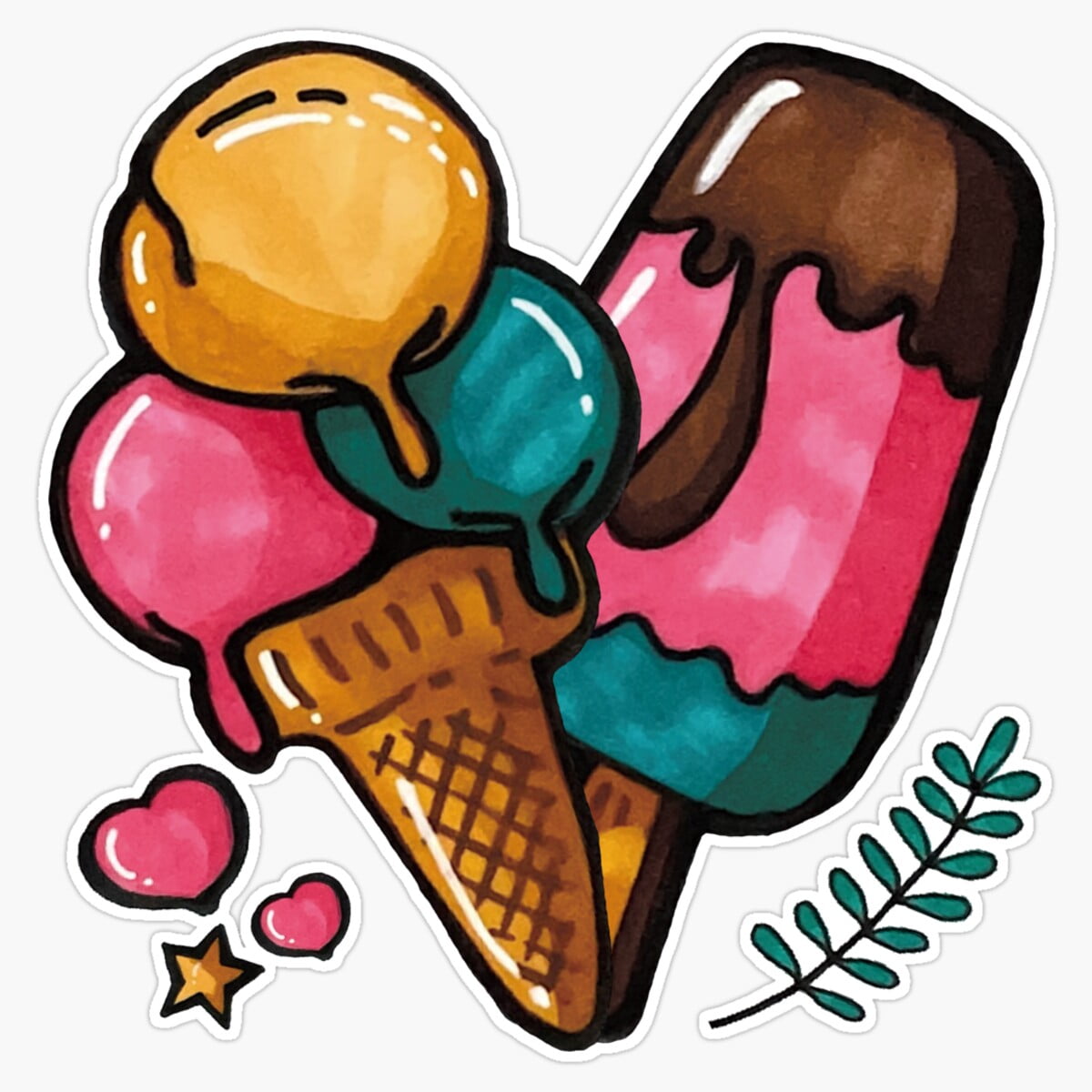 Gloss Dot Hand-Drawn Strawberry, Vanilla & Mint Ice Cream Illustration ...