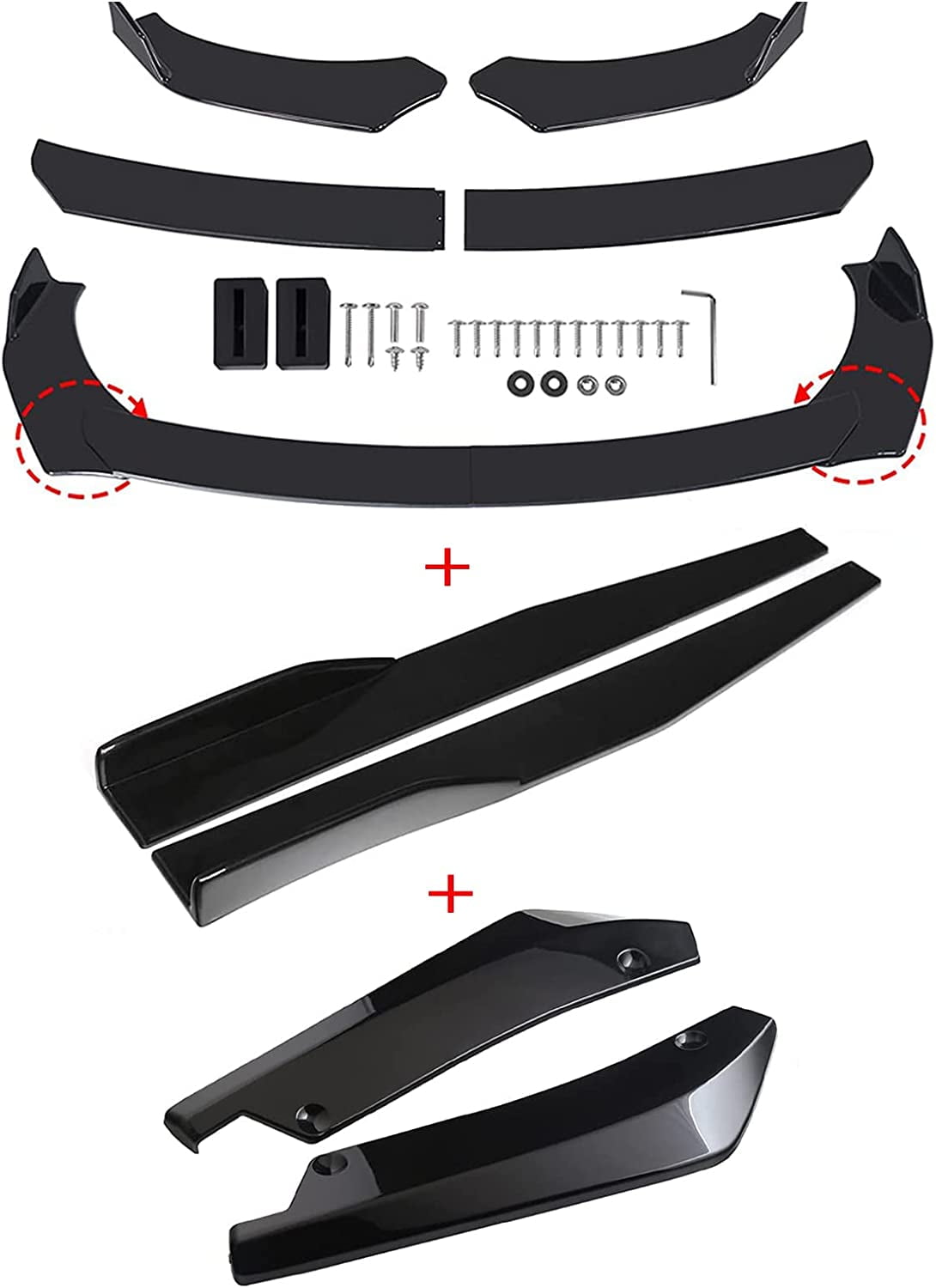 Glossy Black Front Bumper Spoiler Body Kit +Side Skirt +Rear Lip ...