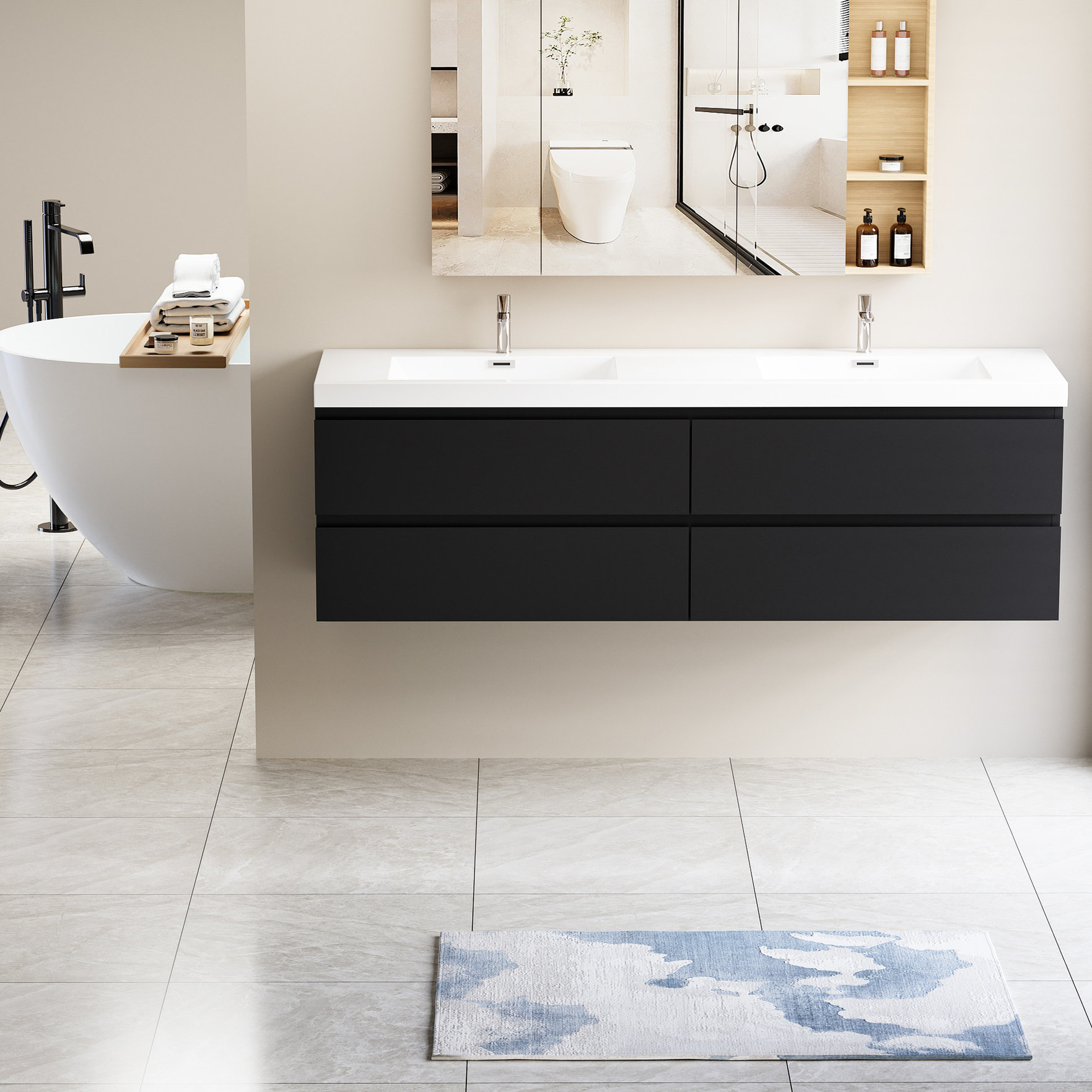 Glossy Black Wall-mounted Vanity with 2 White Resin Sinks - Easy to ...