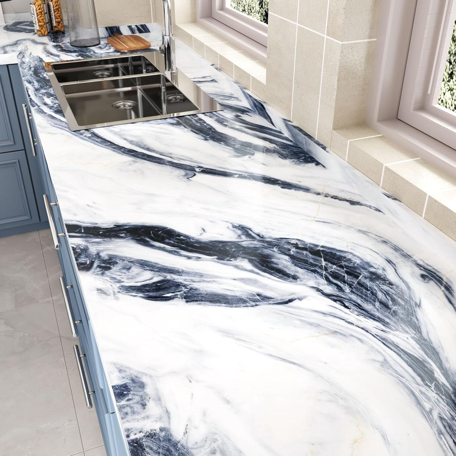 Glossy Blue/White Marble Contact Paper for Countertops Kitchen Granite ...