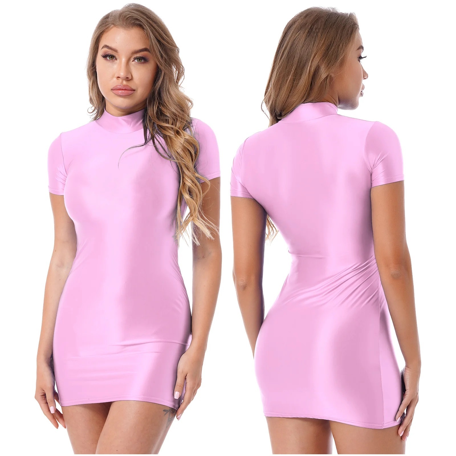 Glossy Bodycon Dress Clubwear Womens Short Sleeve Oil Shiny Mini ...