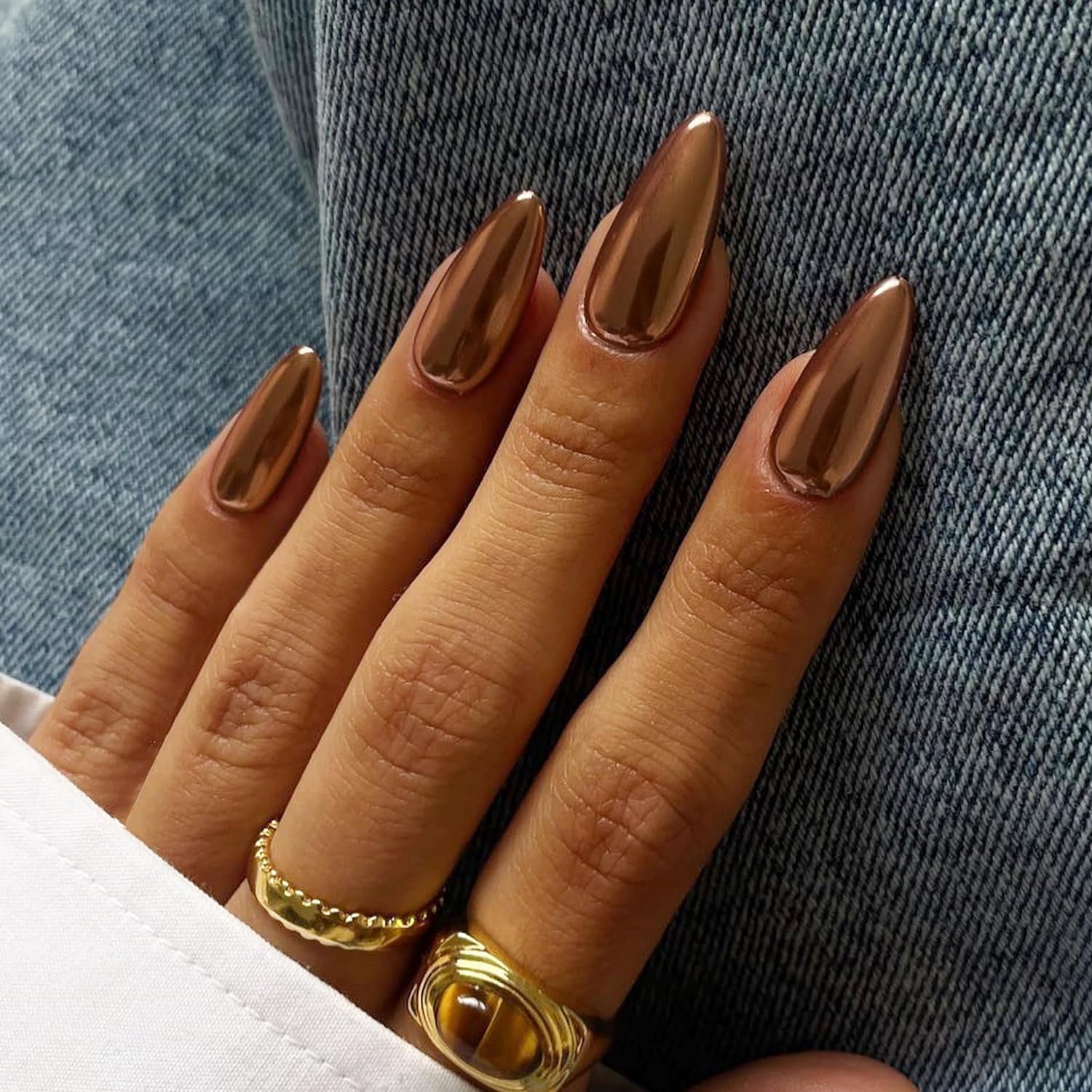 Glossy Bronze Metallic Press on Nails Almond, Medium Dark Gold Chrome ...