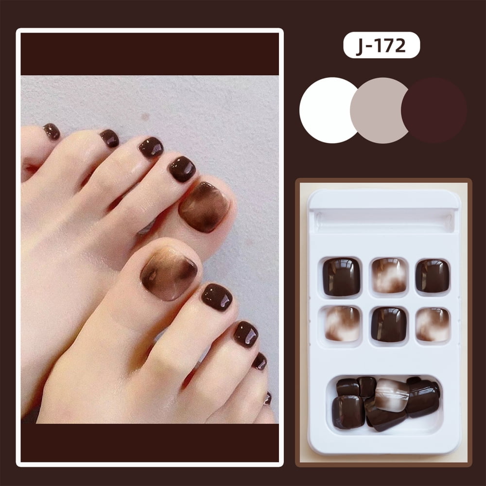 Glossy Chocolate Short Fake Toenails Full Cover Round Chocolate ...