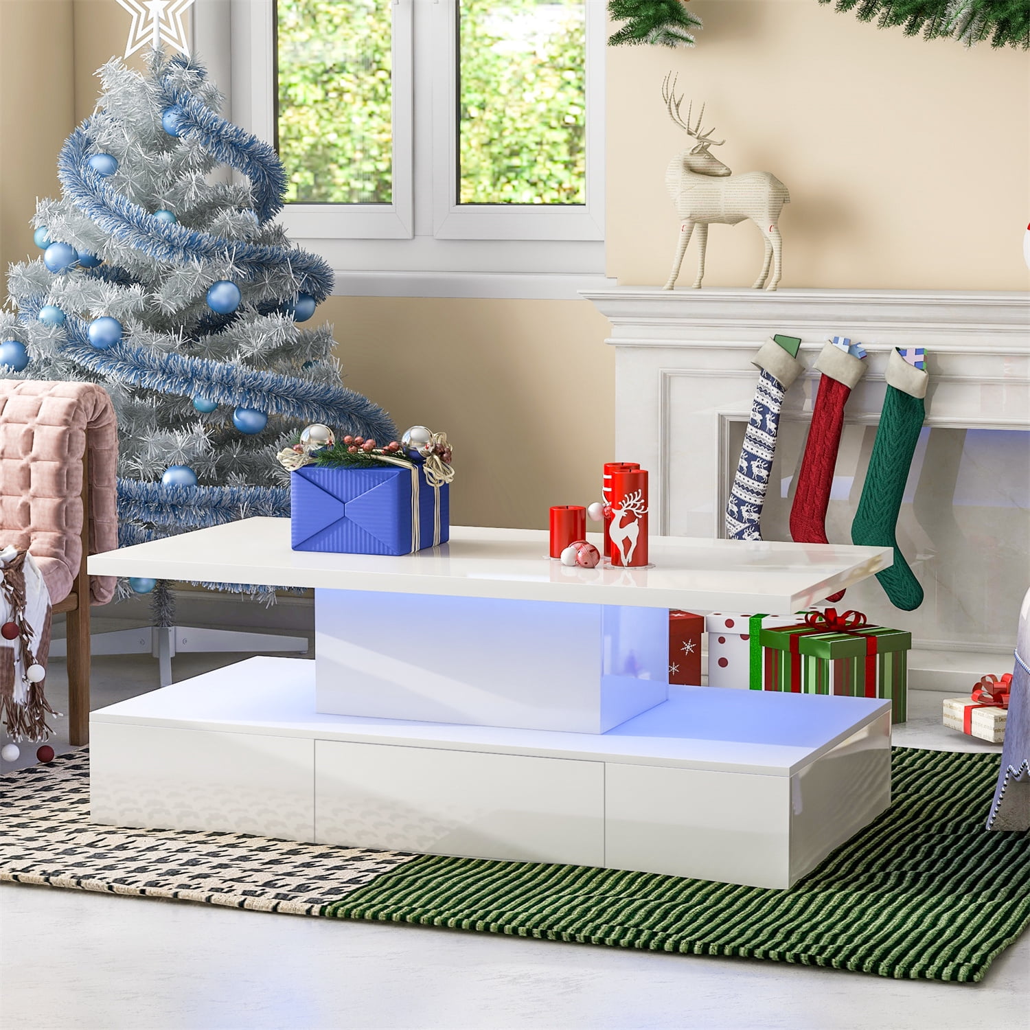 Glossy Coffee Table with Plug-in 16 Colors LED Lighting, 2-Tier ...