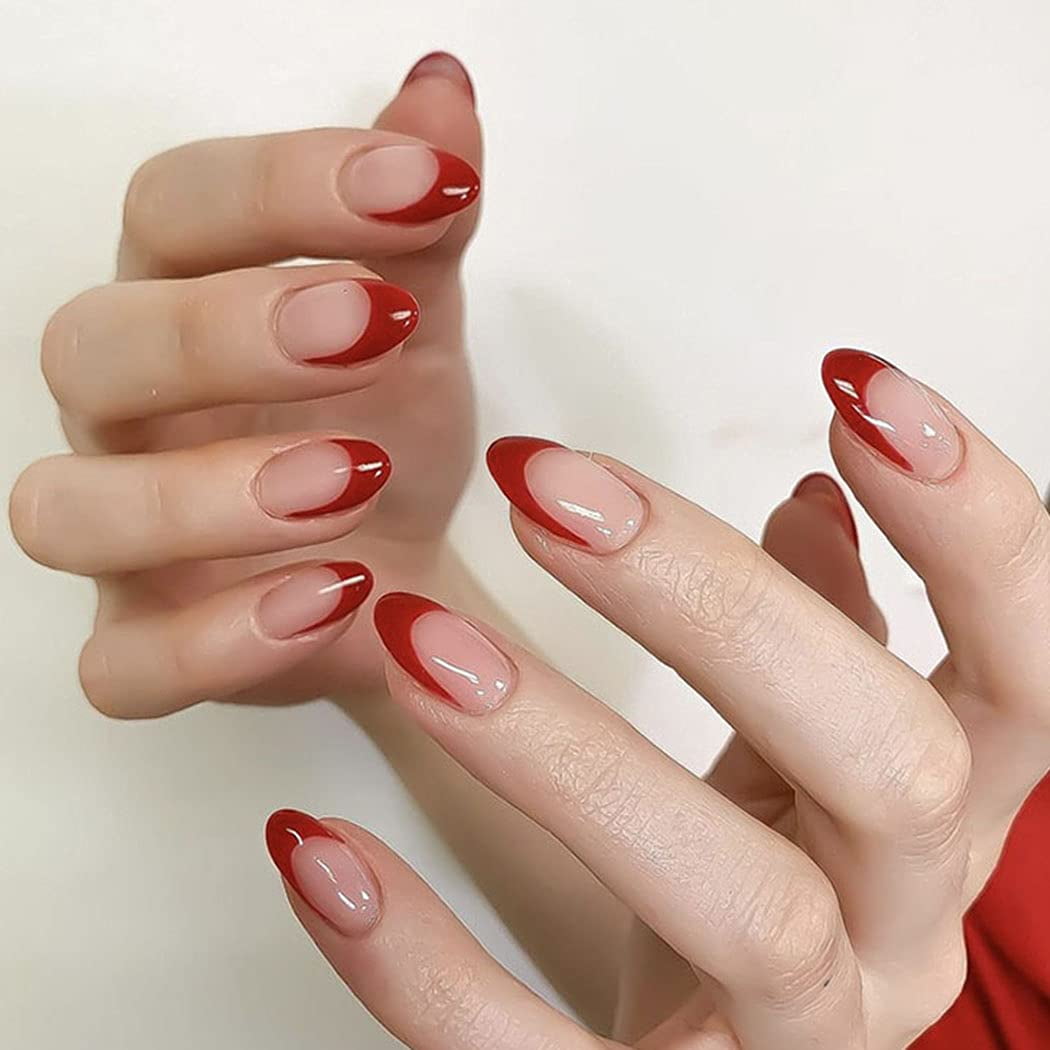 Glossy False Nails Short Almond French Nails Tips Cute Press on Nails ...