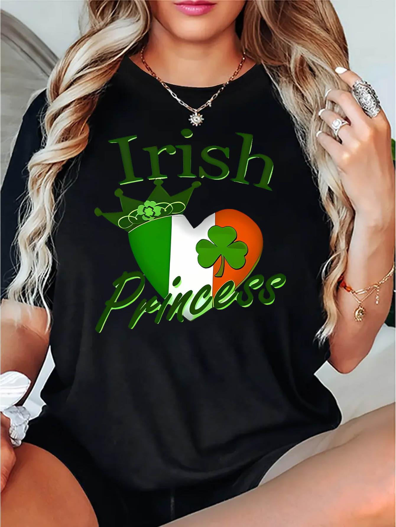 [Glossy Finish] Women's "Irish Princess" Clover Graphic T-Shirt - Casual Black Round Neck Short ...