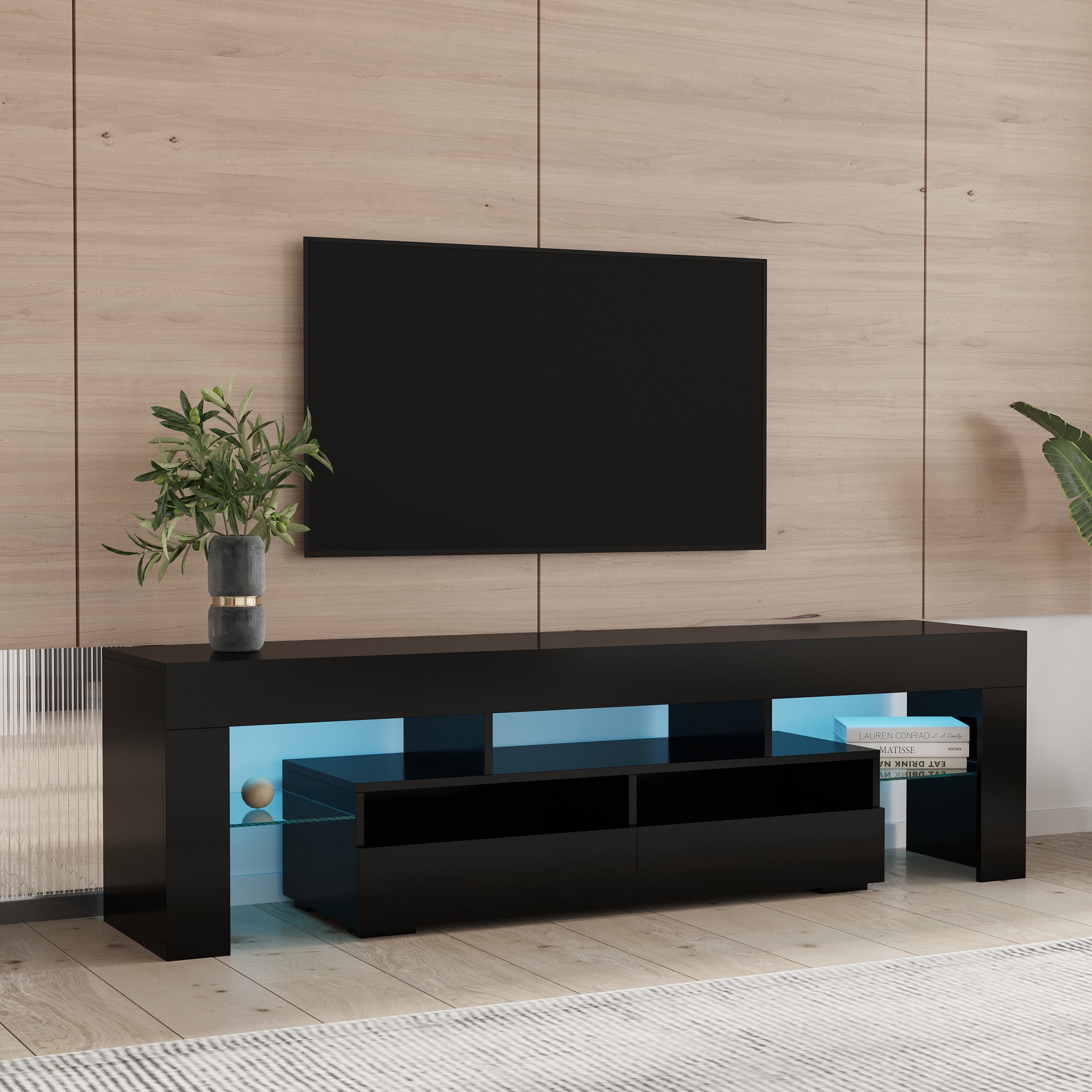 Glossy LED TV Stand, Black TV Stand with RGB LED Lights and Storage ...