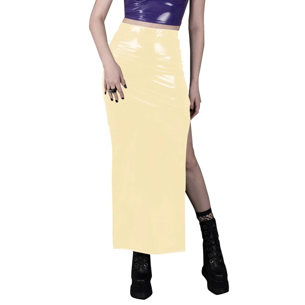 Glossy PVC Leather Split Women Long Skirts Female High Waise Slim Midi ...