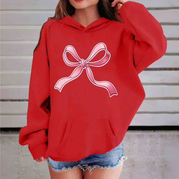 Glossy Pink Bow Graphic Girls Red Hoodie, Oversized Soft 95% Polyester ...