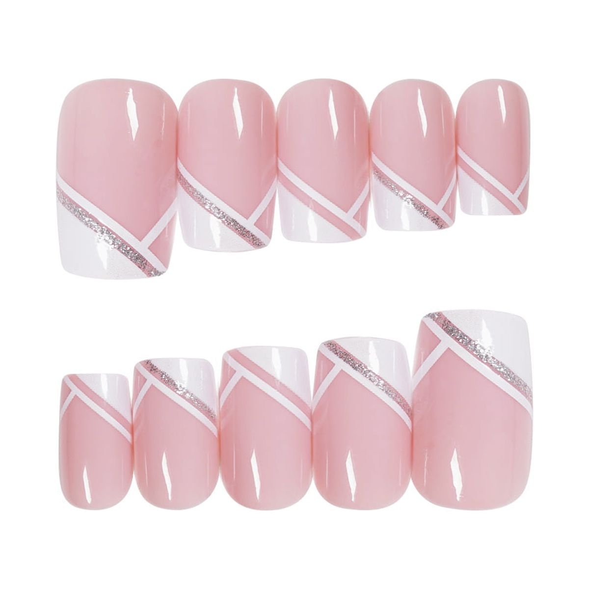 Glossy Pink French Press on False Nails-Tips Short Square Fake Fingers ...
