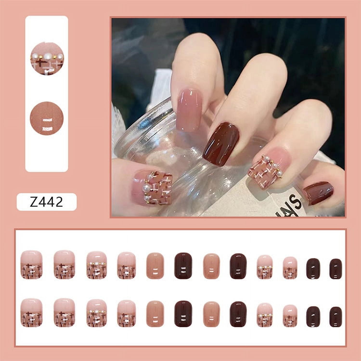 Glossy Square Fake Nail DIY Simple Wine Red Pink Nail with Pearl Decor ...