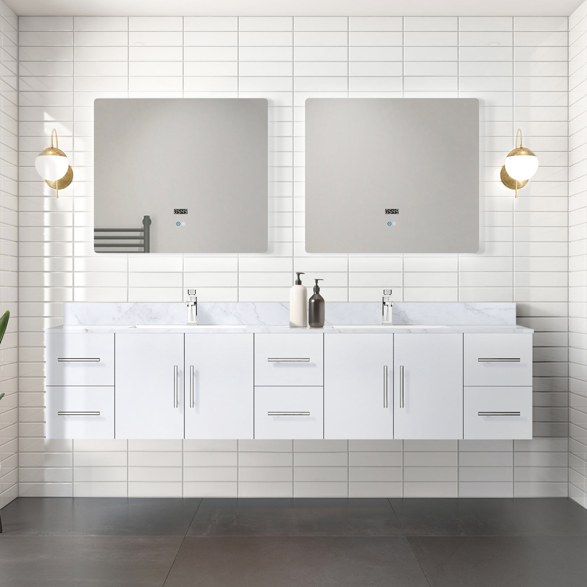 Glossy White 84" W X 22" D Double Bath Vanity With Marble Top. Solid Wood Framework, Soft Close ...