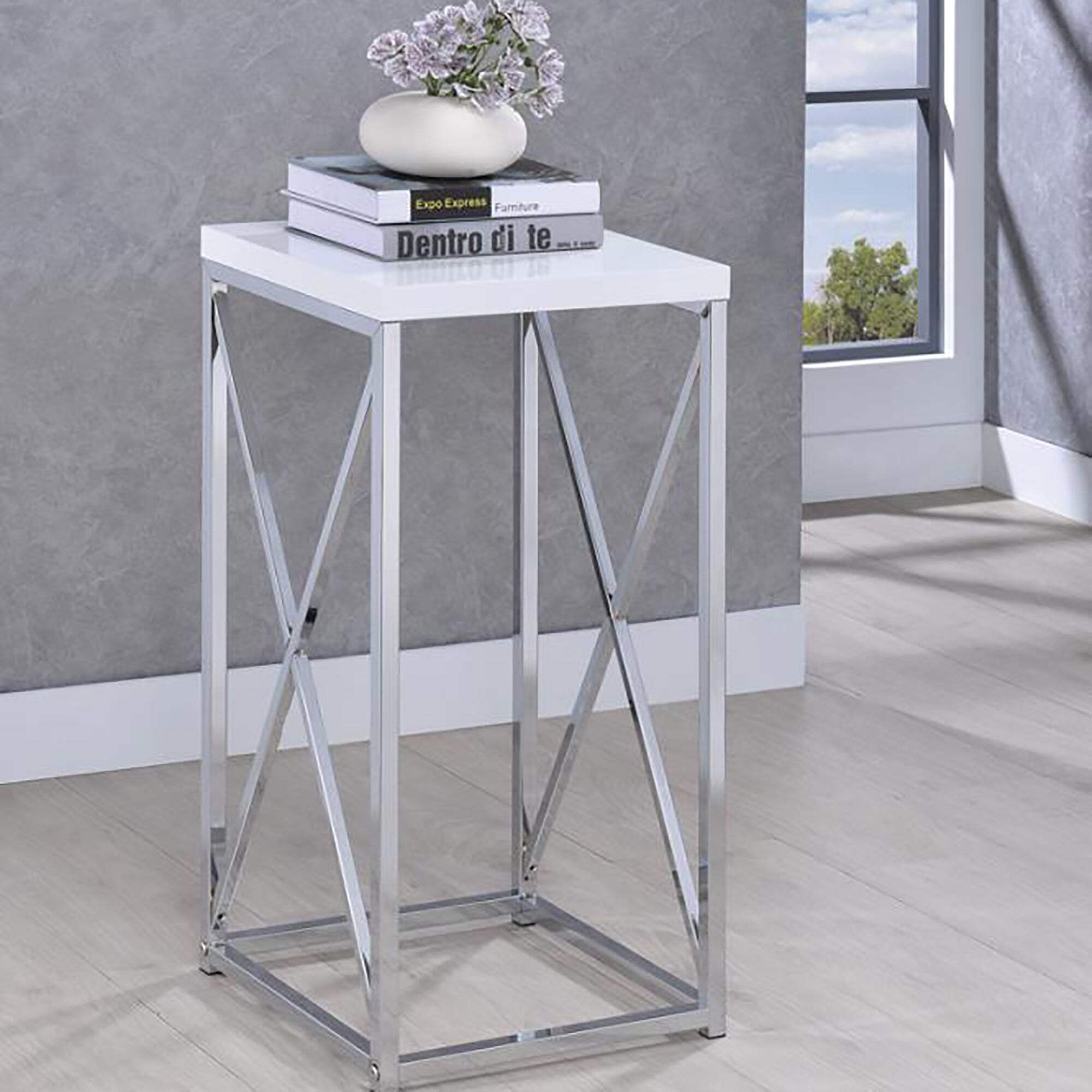 Glossy White And Chrome Accent Table Glossy White White Primary Living ...