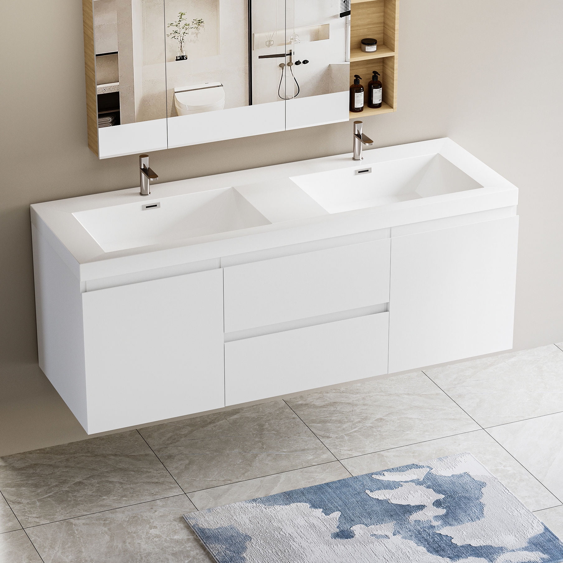 Glossy White, Double Sink - Water-Resistant Finish - Bathroom - Protect ...