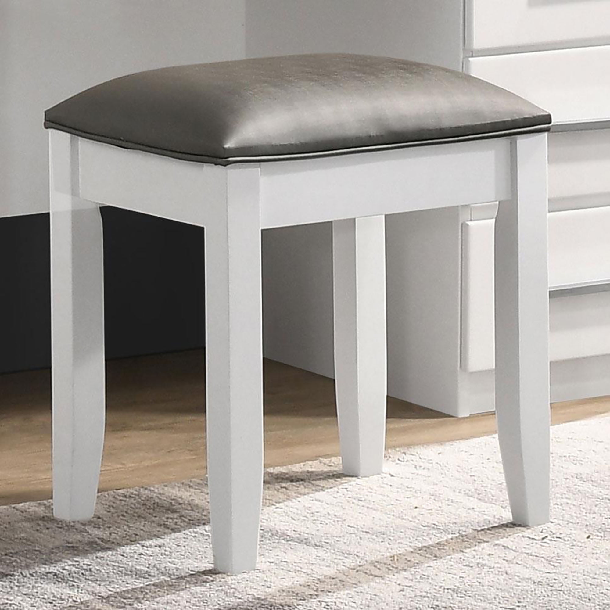 Glossy White Vanity Stool with Padded Seat,White Wood Furniture Primary ...