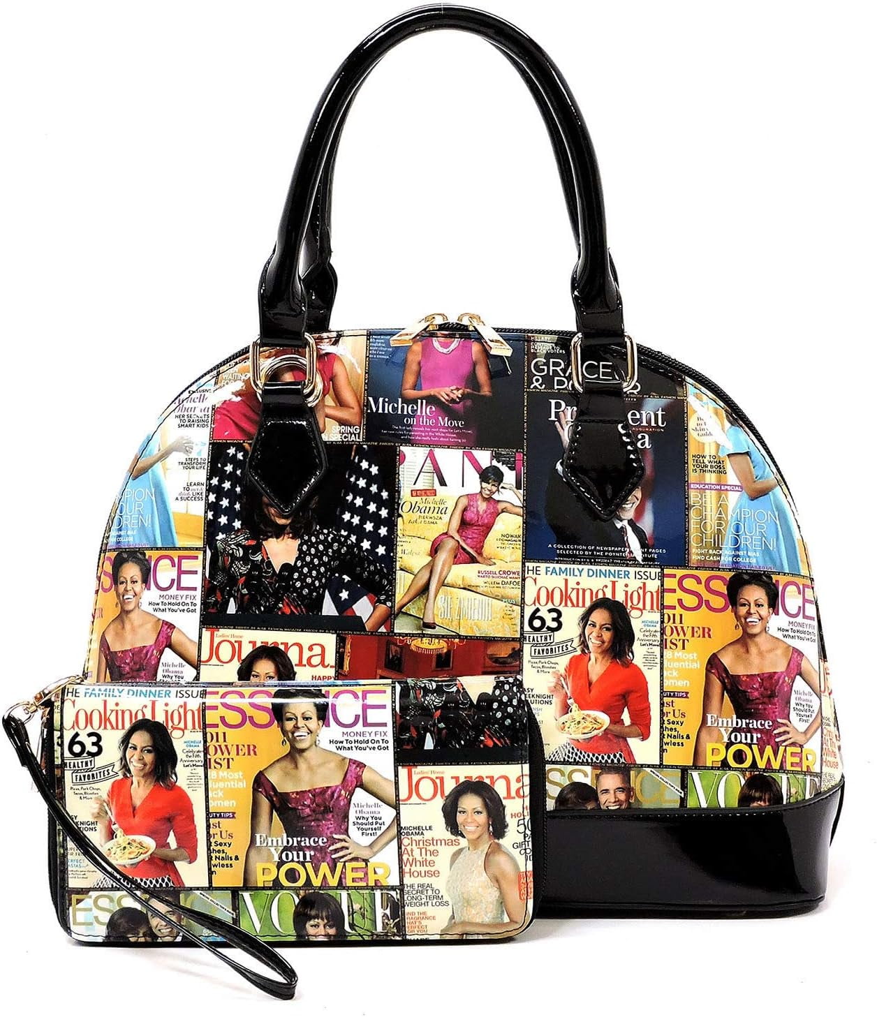Glossy magazine cover collage dome satchel bag purses bowling bag ...