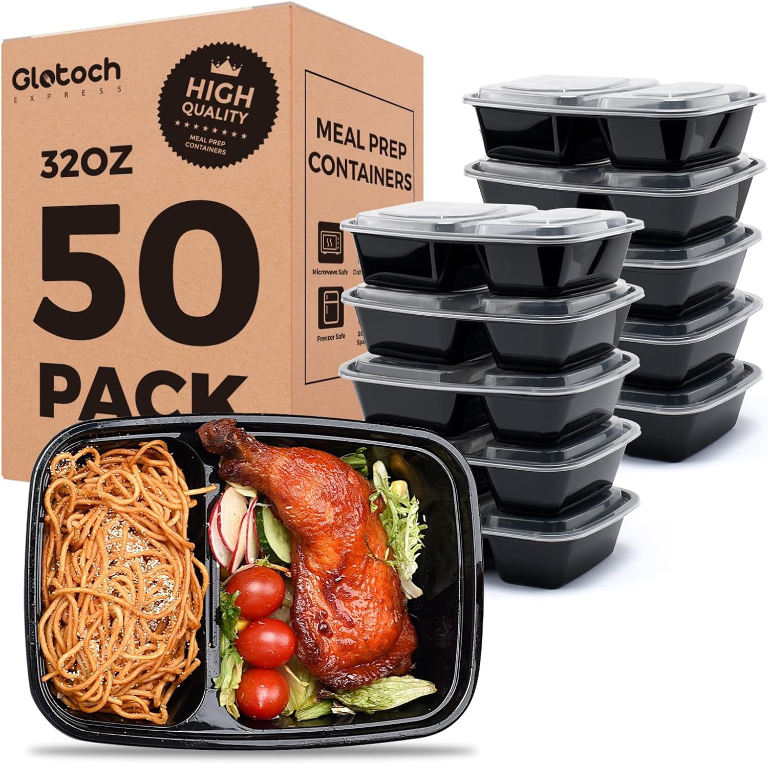 Glotoch 50 Pack 32 oz Meal Prep Containers Reusable, 2 Compartment Food ...