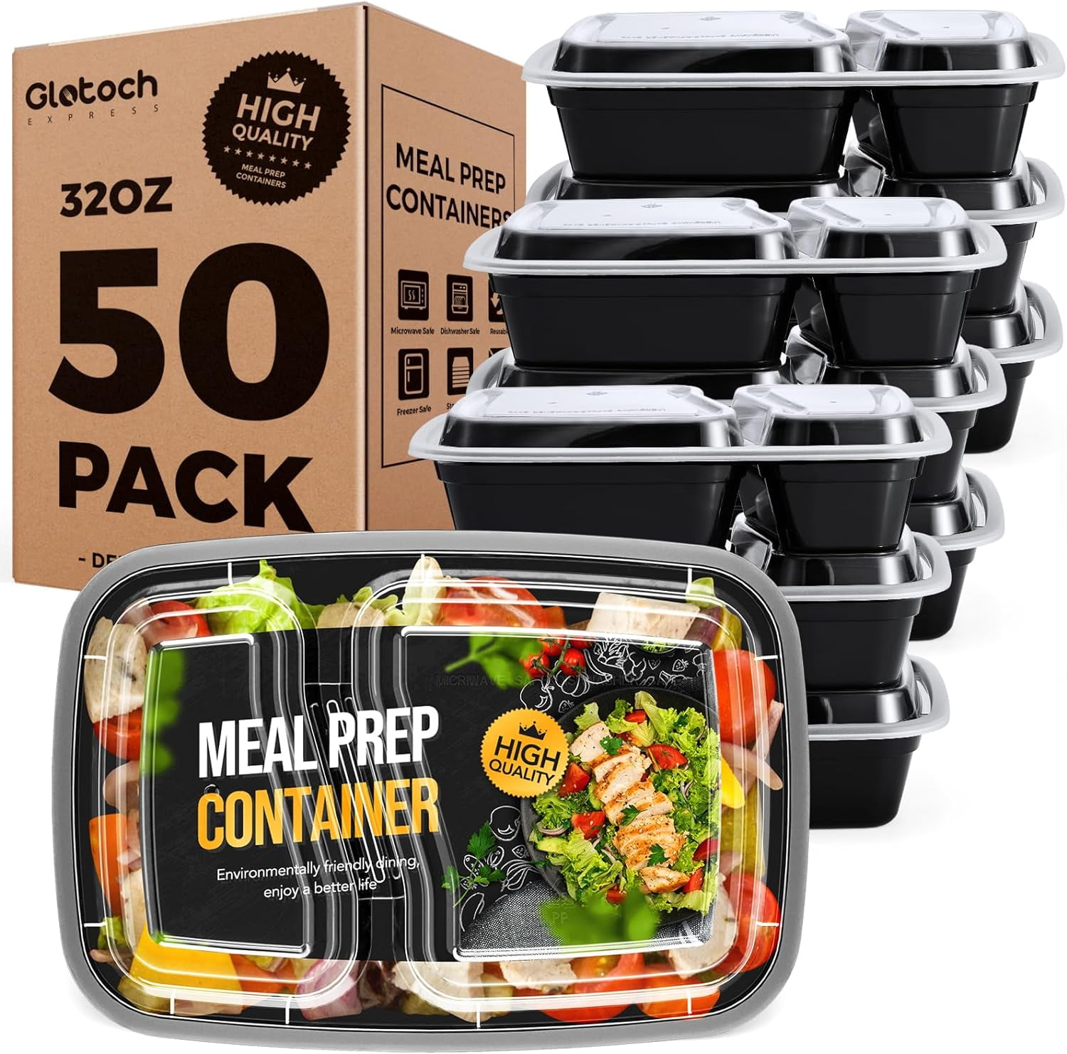 Glotoch 50 Pack 32oz 2 Compartment Meal Prep Container Microwave Safe ...