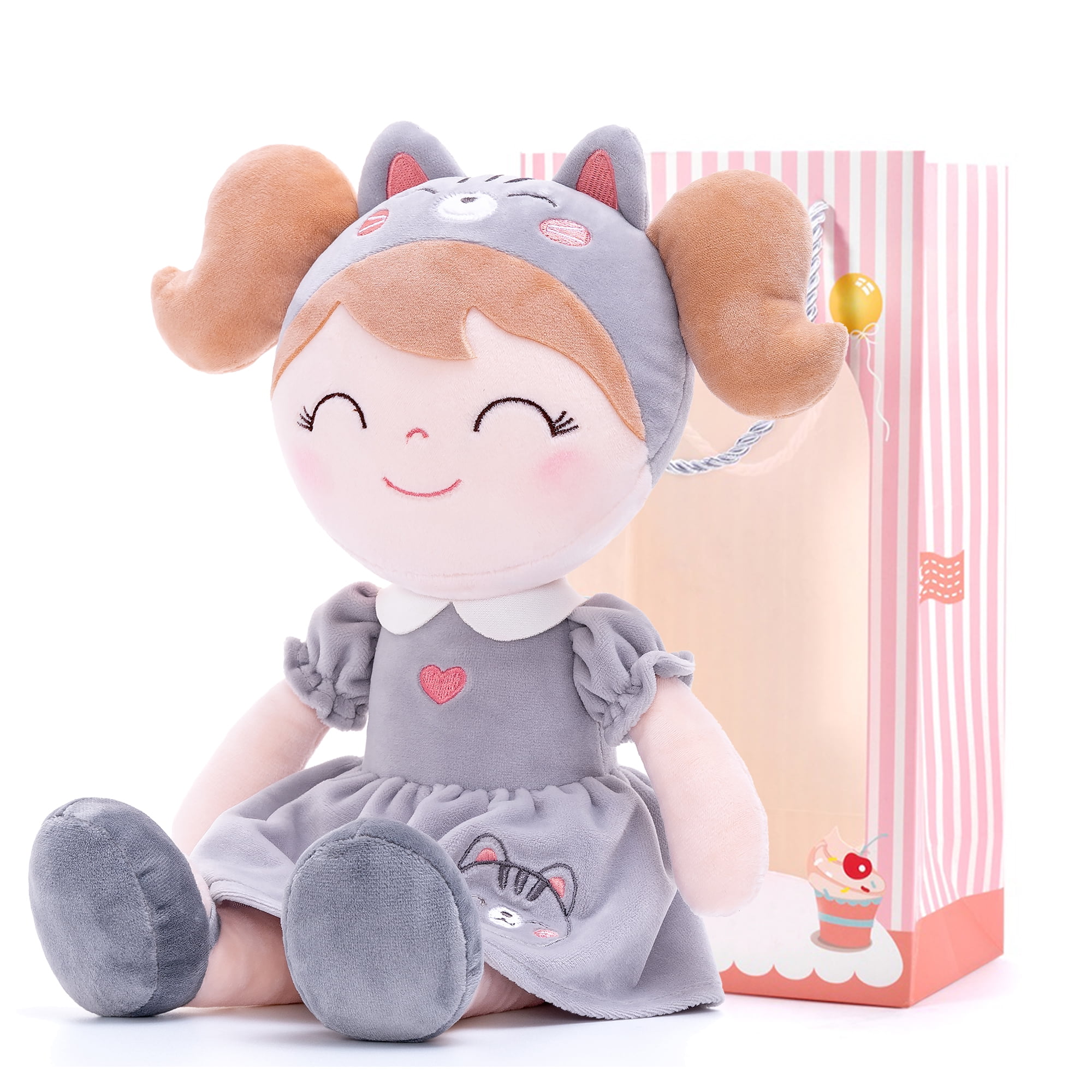 Gloveleya Baby Girl Gifts: Gray Cat Plush Doll, 15in Stuffed Curly Hair ...