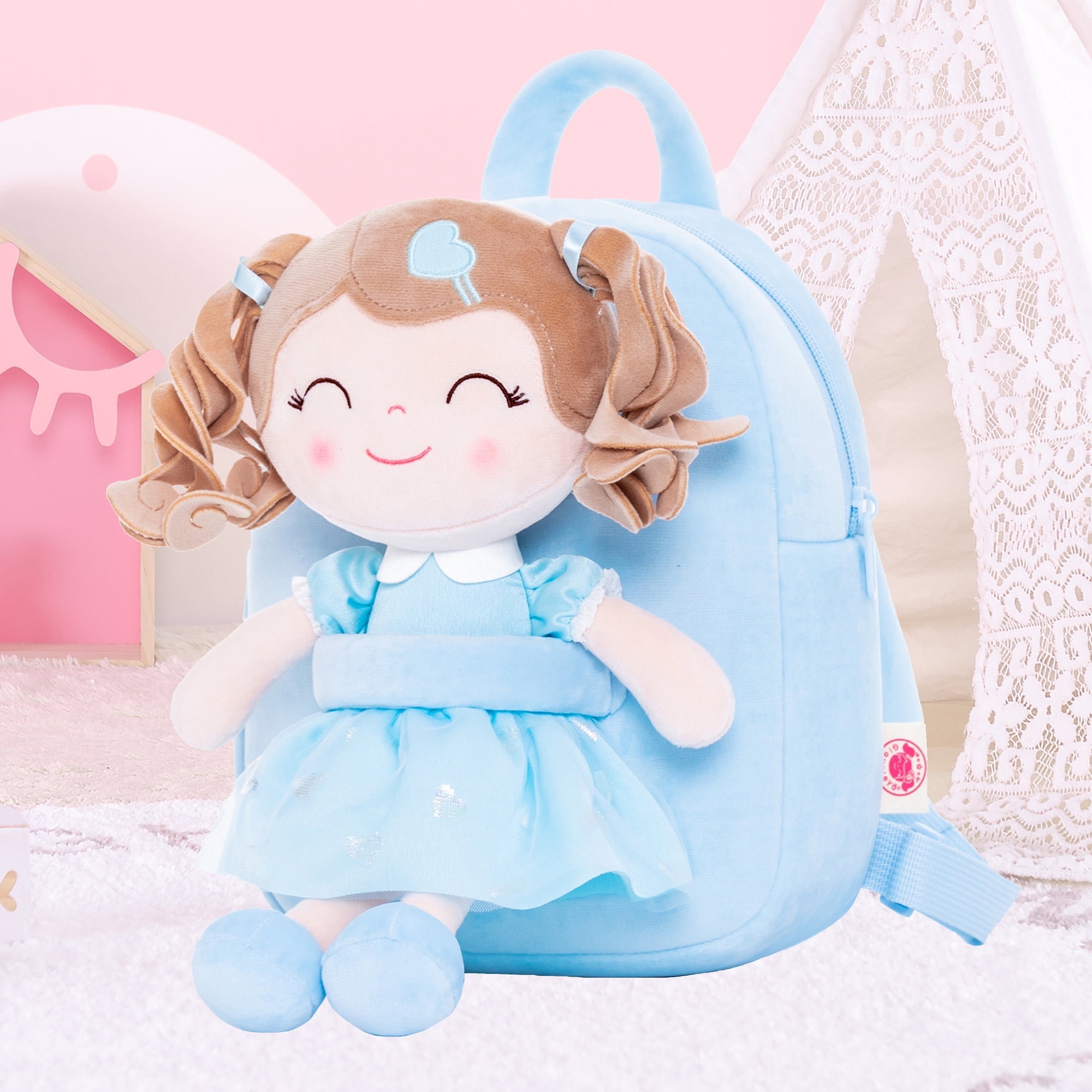 Gloveleya Toddler Girl's Toy Backpack - Soft Plush Curly Hair Doll Bag ...