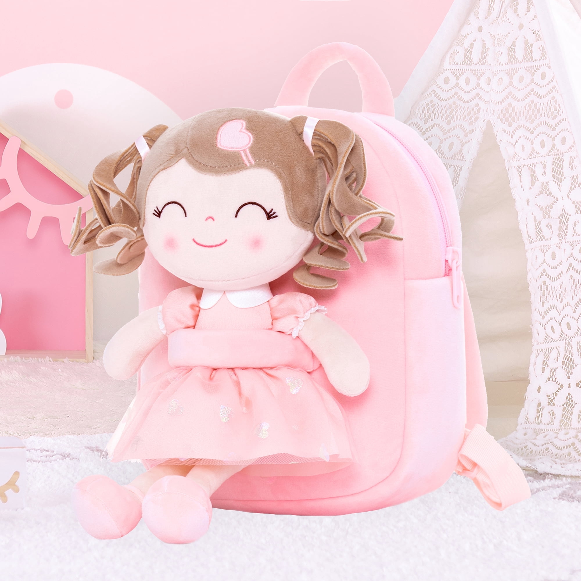 Gloveleya Toddler Backpack, Soft Plush Pink Curly Hair Girl Doll Bag, 9 ...